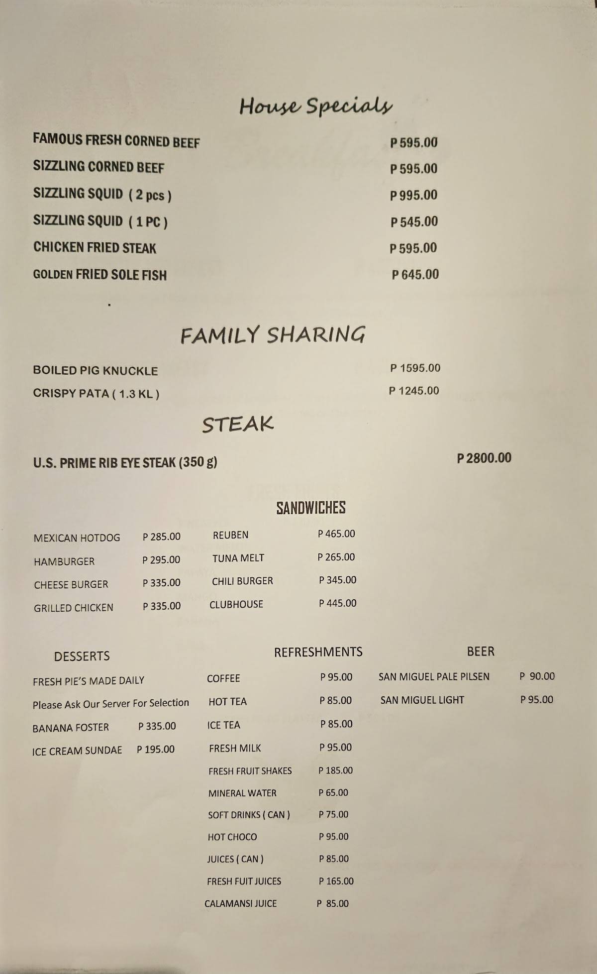 Menu at Eddie's Log Cabin restaurant, Cebu City