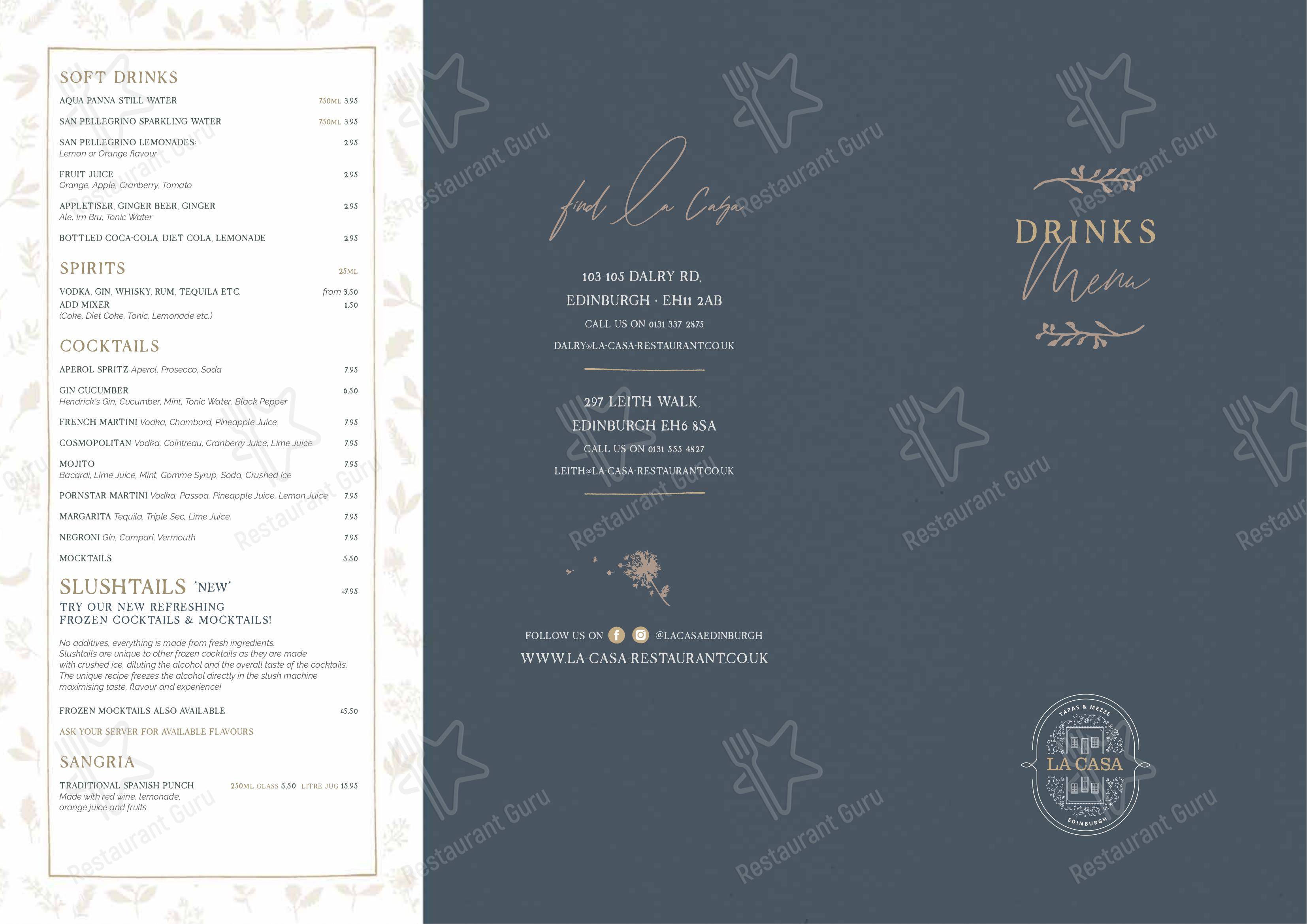 Menu at La Casa Dalry restaurant, Edinburgh