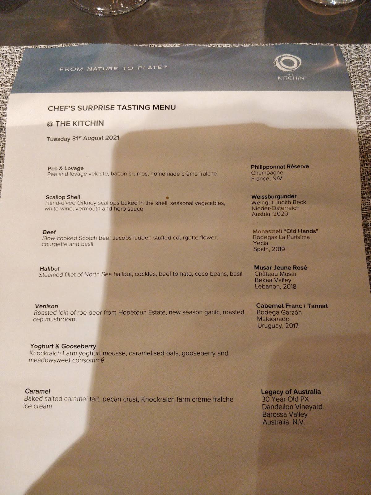 Menu at The Kitchin restaurant, Edinburgh