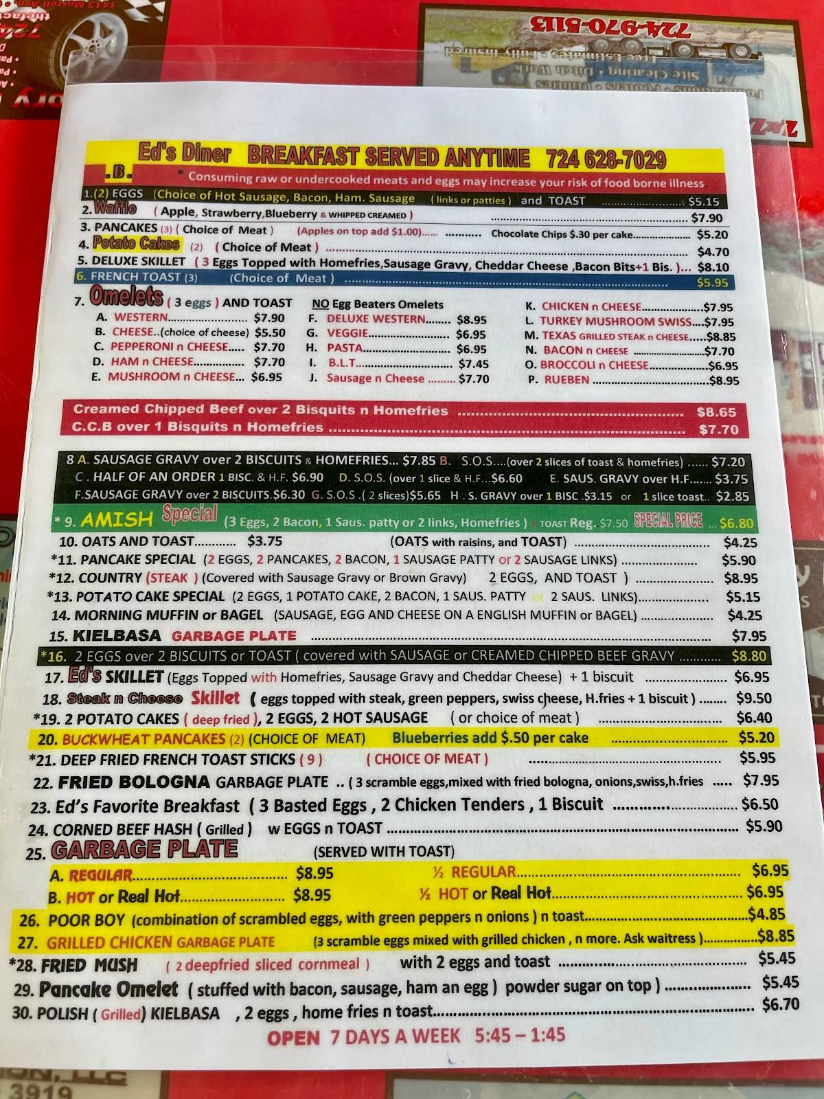 Menu at Ed's Diner restaurant, Connellsville