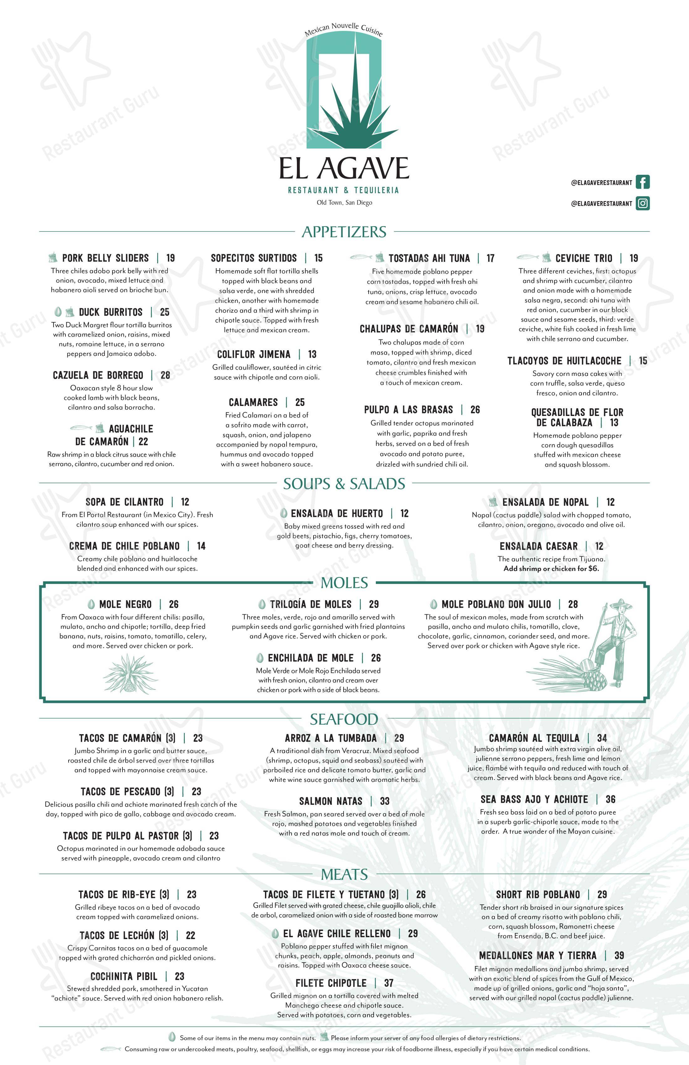 Menu at El Agave Restaurant & Tequileria, San Diego