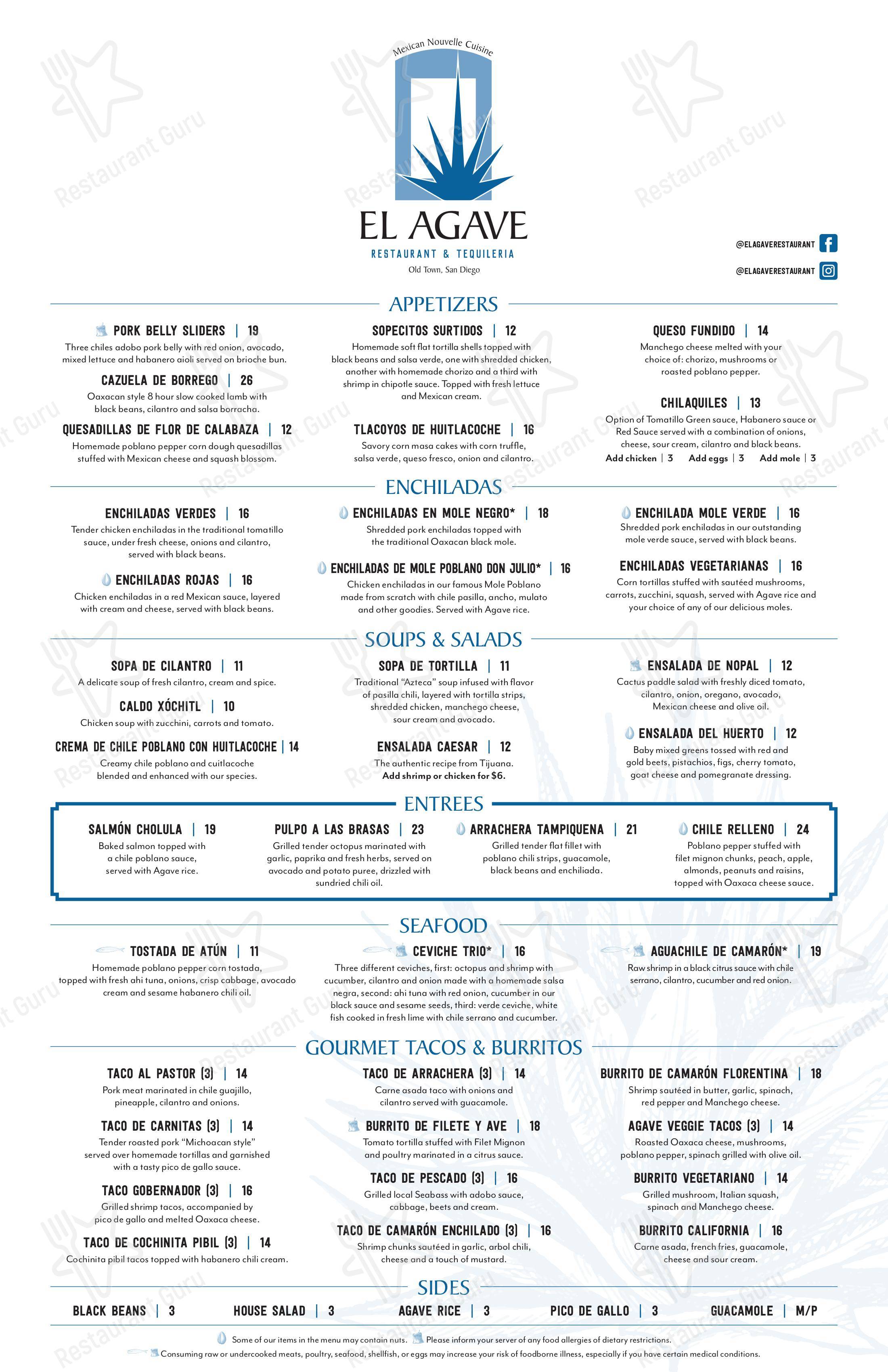Menu at El Agave Restaurant & Tequileria, San Diego