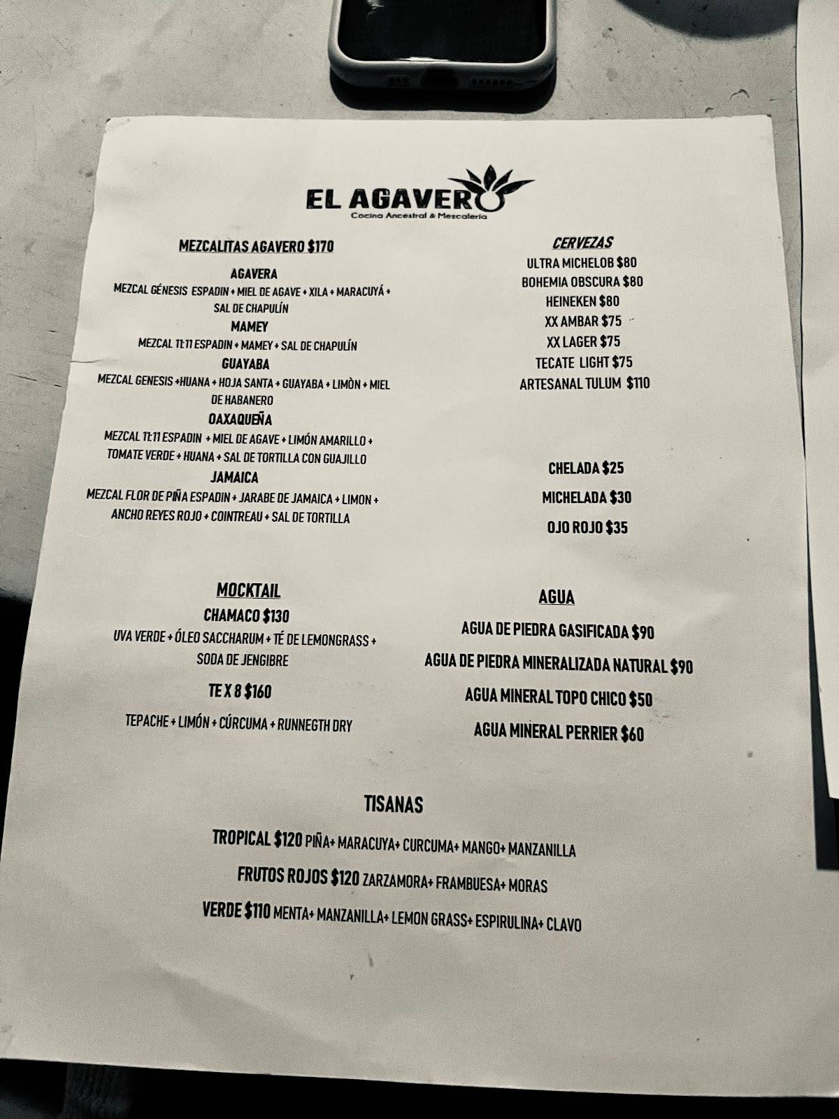 Carta del restaurante El Agavero Cocina Ancestral & Mezcaleria, Tulum