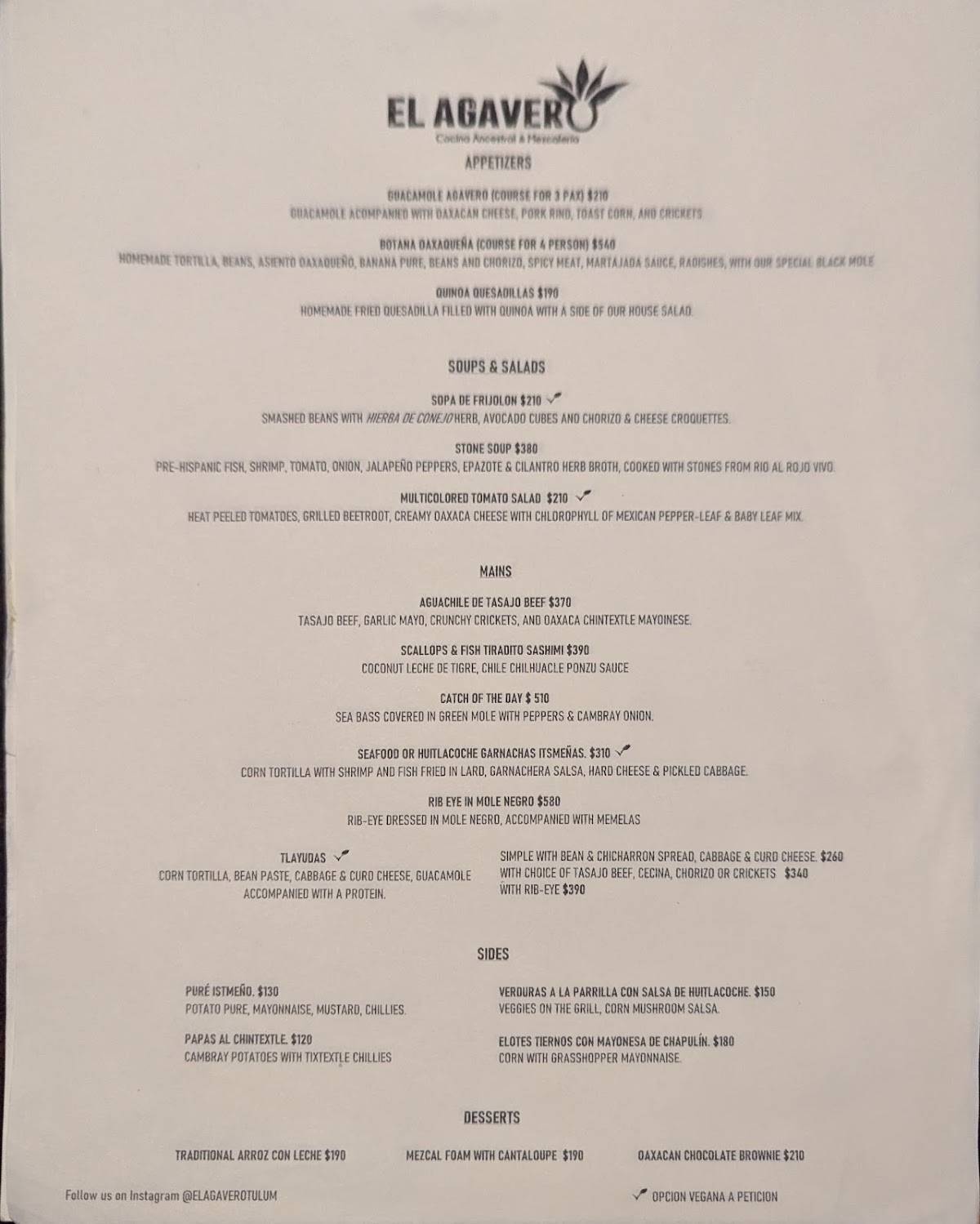 Menu at El Agavero Cocina Ancestral & Mezcaleria restaurant, Tulum