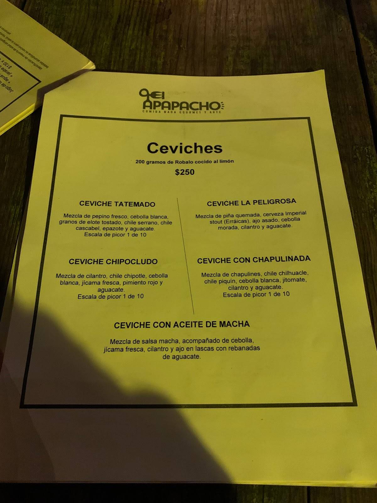 Carta del restaurante El Apapacho "Comida Nada Gourmet y Arte", Merida