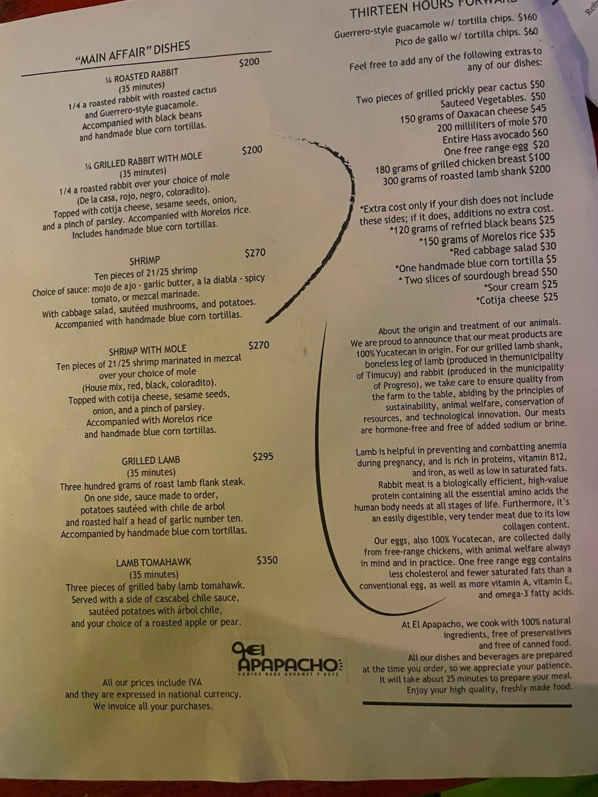 Carta del restaurante El Apapacho "Comida Nada Gourmet y Arte", Merida