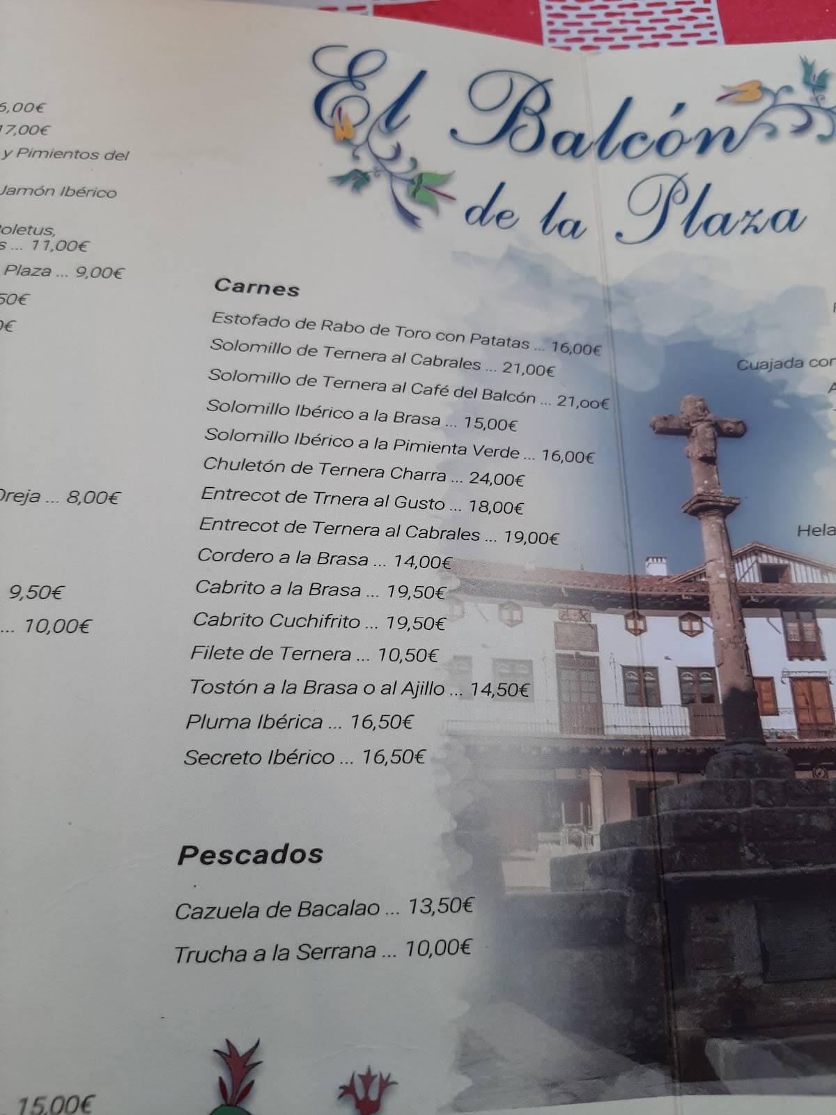 Carta del restaurante El Balcón del la Plaza, La Alberca