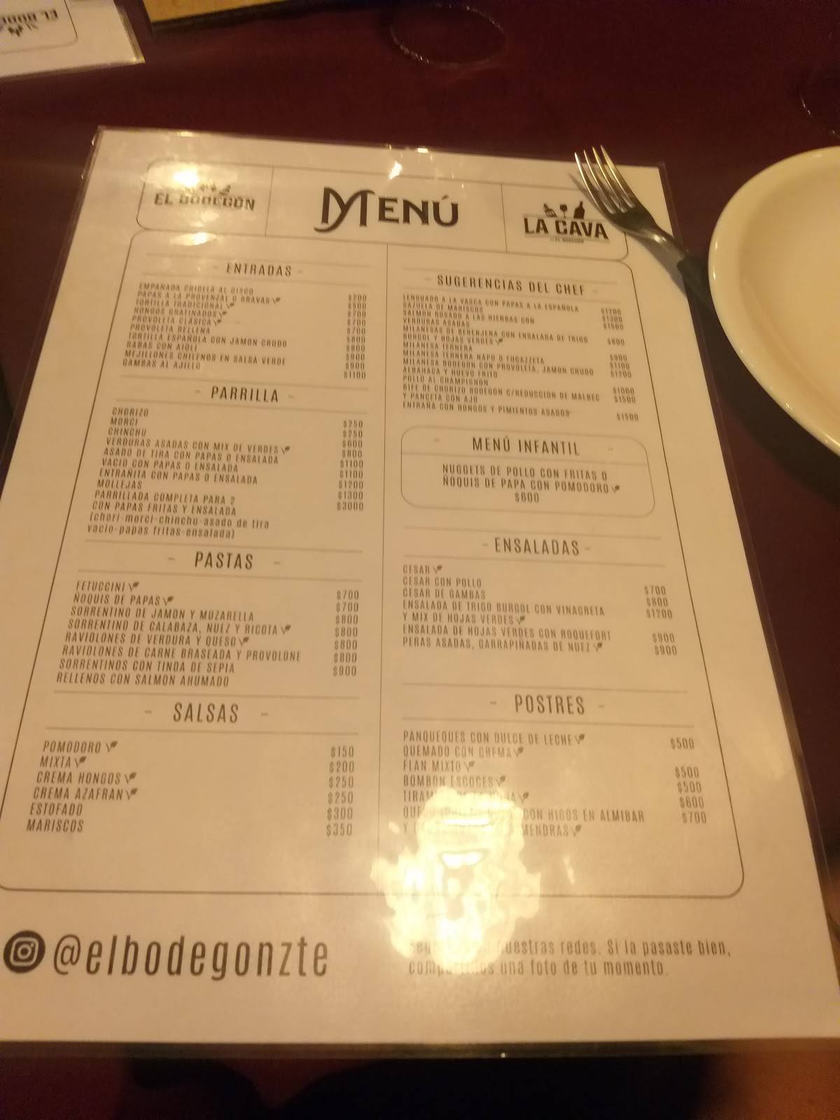 Carta del restaurante El Bodegon, Zarate
