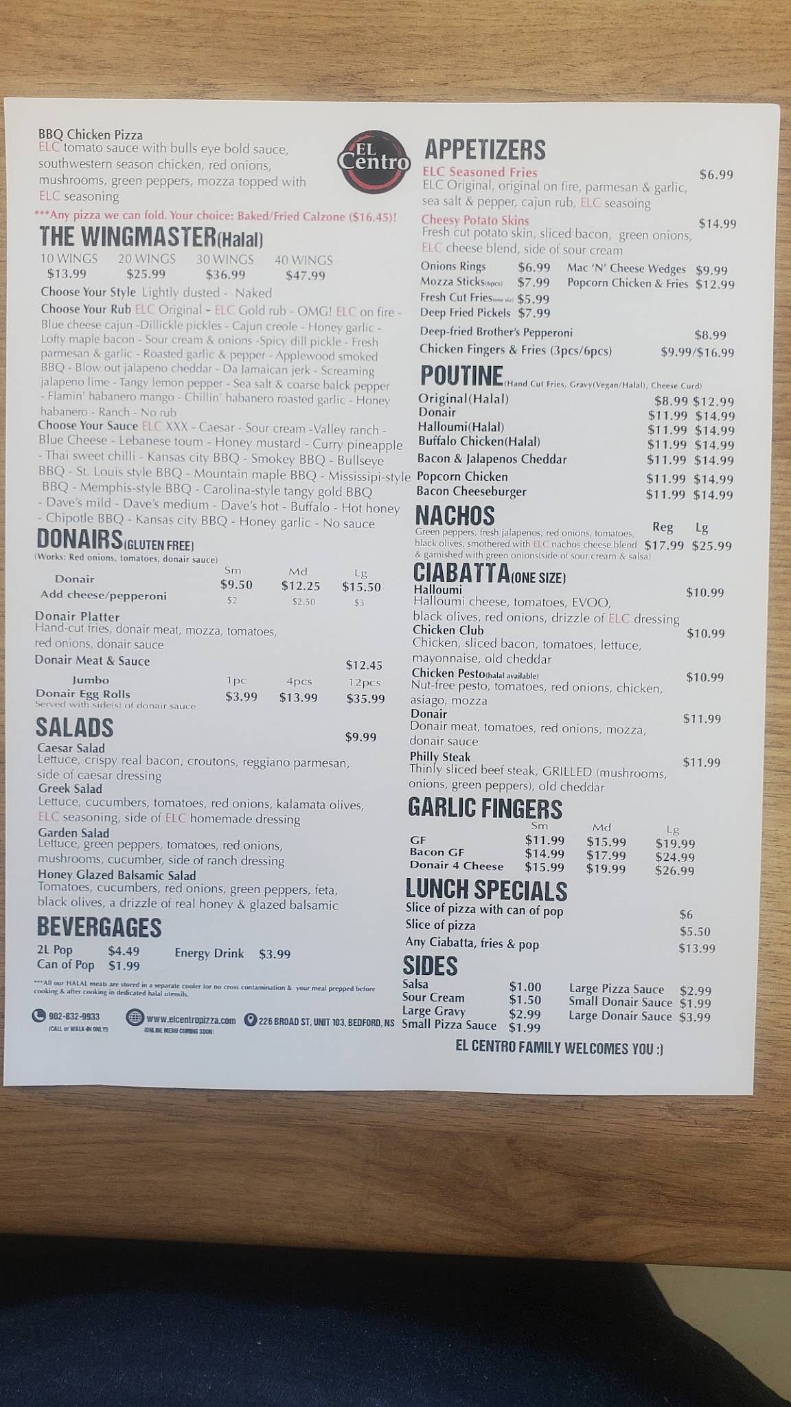 Menu at El Centro Pizza restaurant, Bedford, 226 Broad St