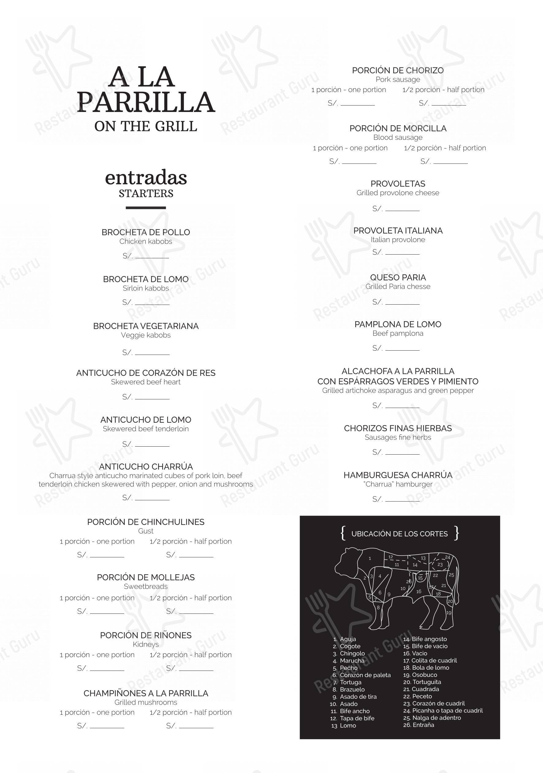 Carta del restaurante El Charrúa, La Molina