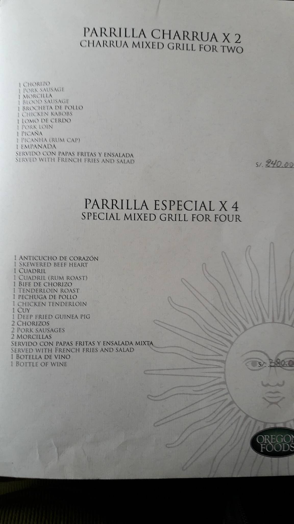 Carta del restaurante El Charrúa, La Molina