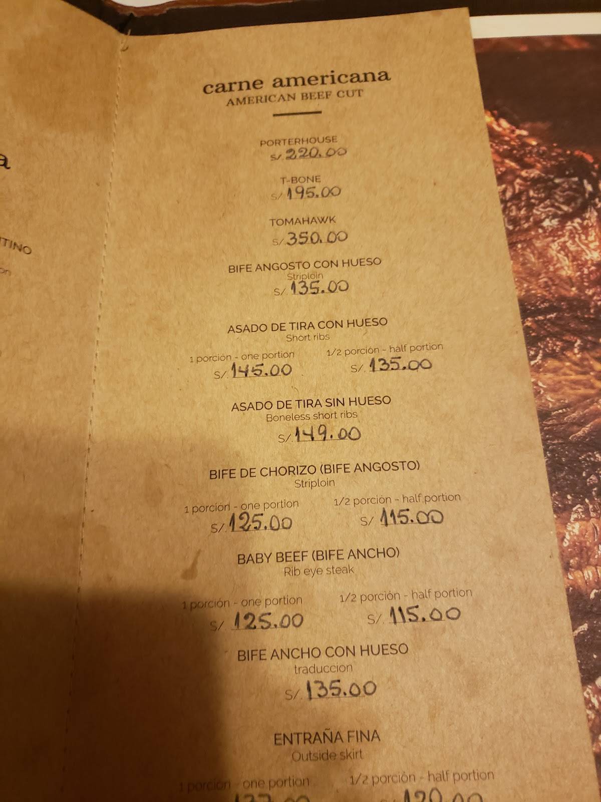 Carta del restaurante El Charrúa, La Molina