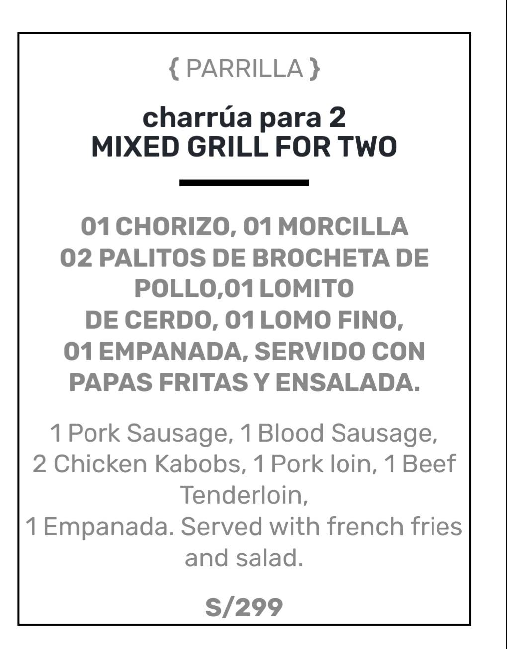 Carta del restaurante El Charrúa, La Molina