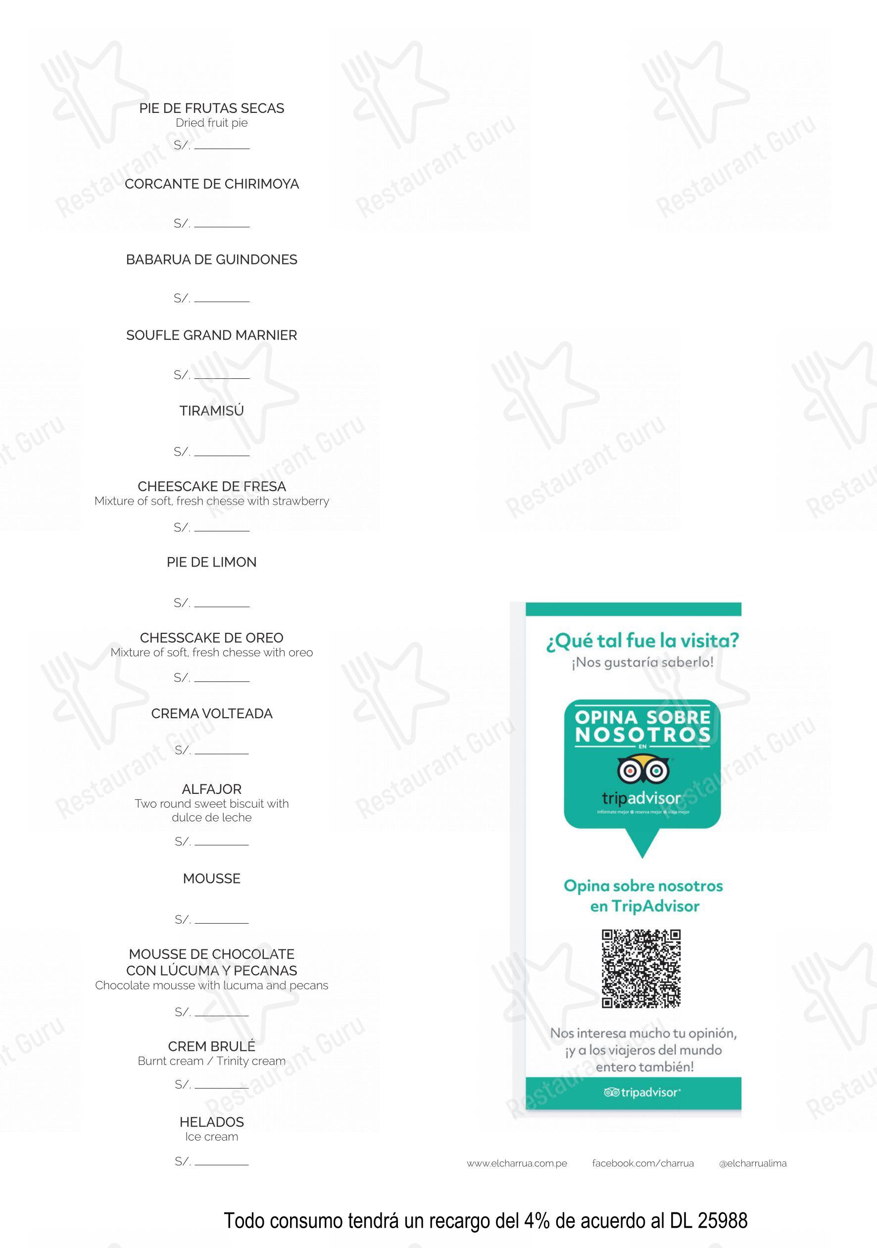 Carta del restaurante El Charrúa, La Molina