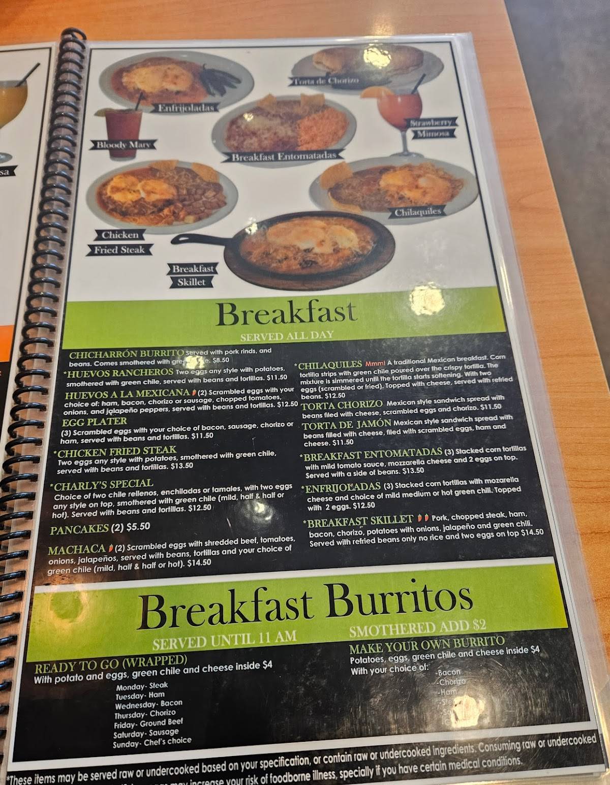 Menu at El Cielo restaurant, Loveland