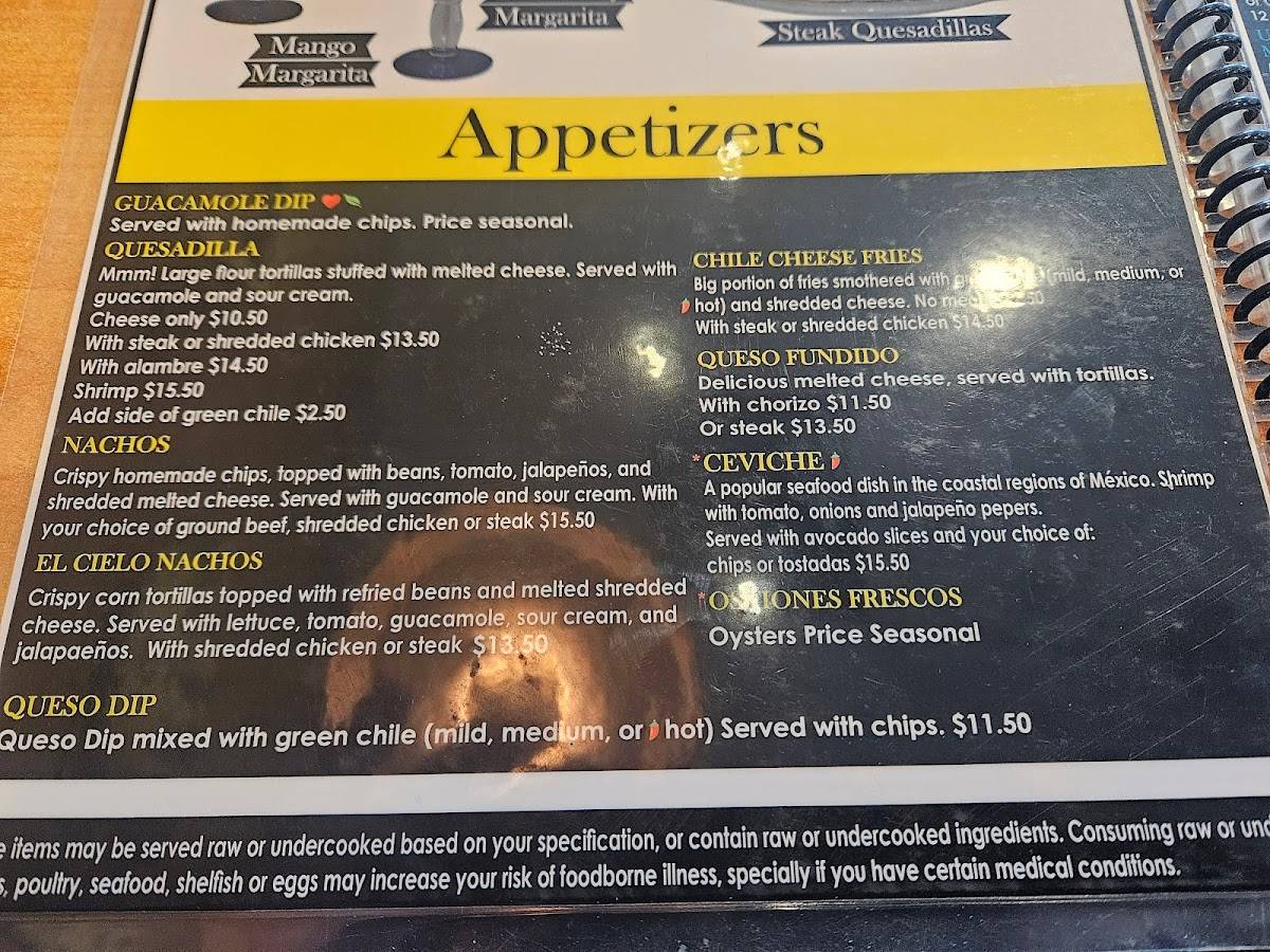 Menu at El Cielo restaurant, Loveland