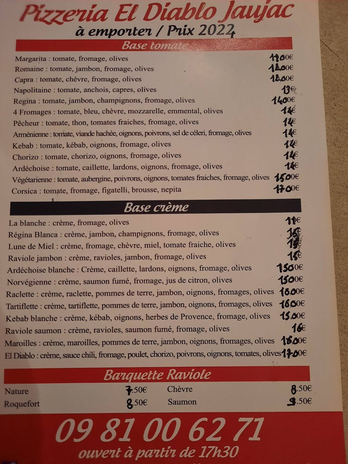 Menu au El Diablo restaurant, Jaujac