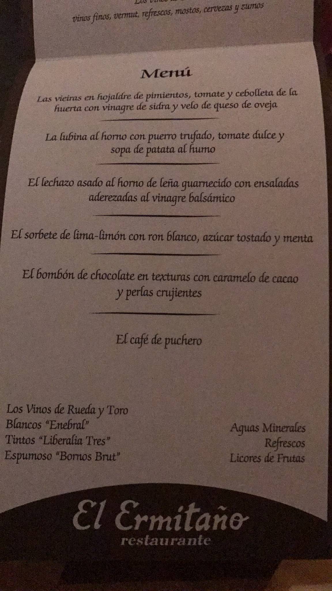 Carta de El Ermitaño Restaurante, Benavente, N-630 Benavente a León