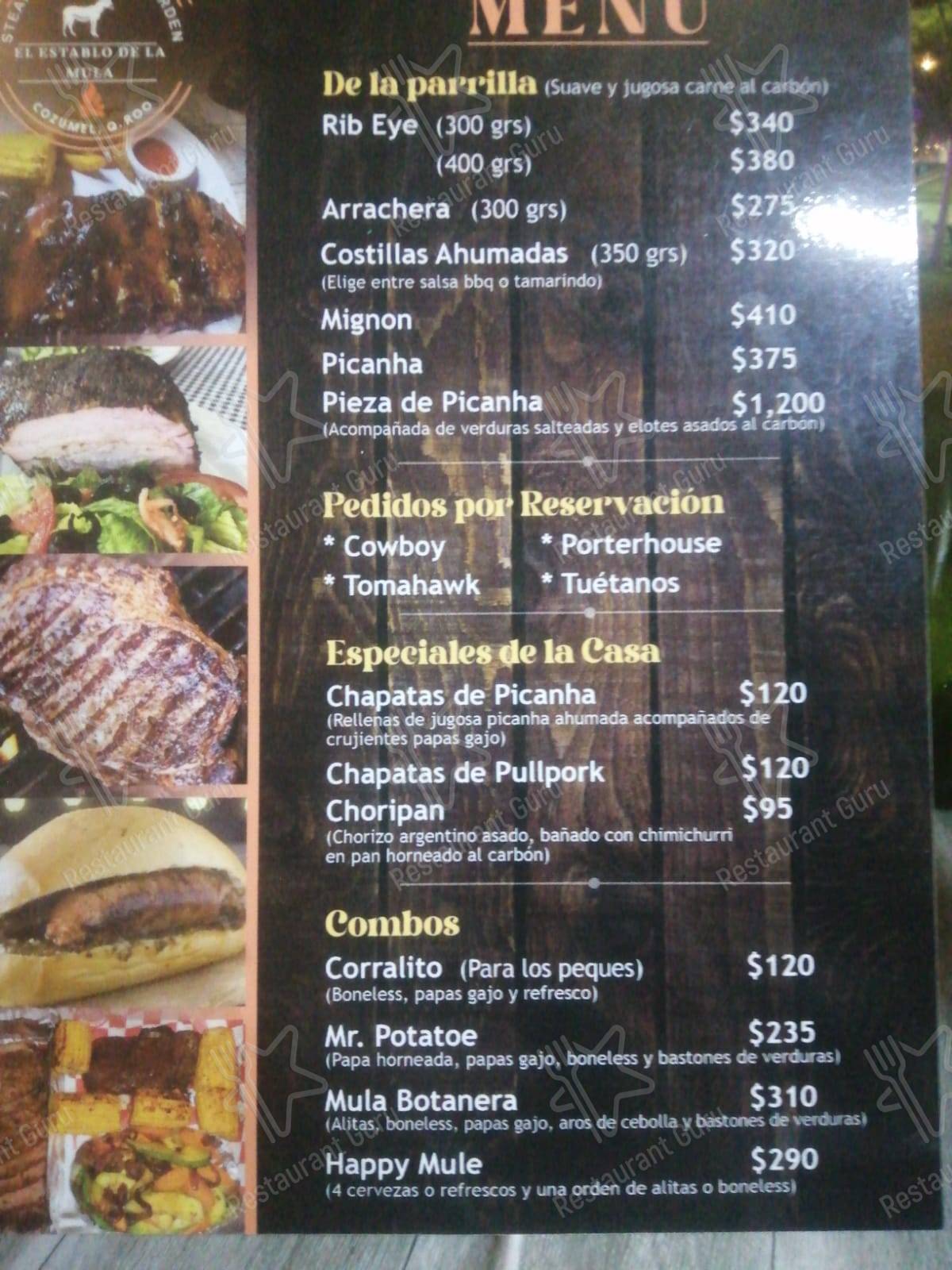 Carta de parrilla El Establo de la Mula, Cozumel, Avenida Licenciado ...