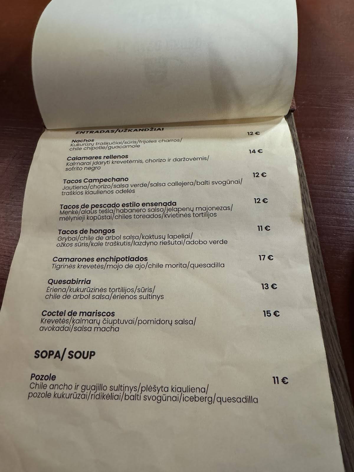 Menu at El Gato Negro restaurant, Vilnius