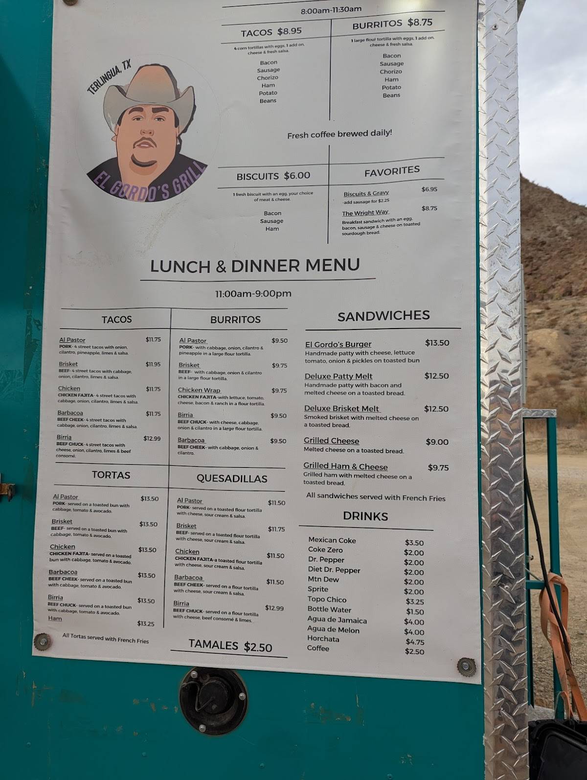 Menu at El Gordo's Grill restaurant, Study Butte-Terlingua