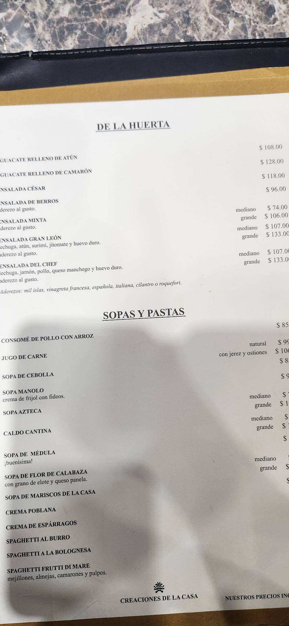 Carta del restaurante El Gran León del Oro, Ciudad del México, C ...