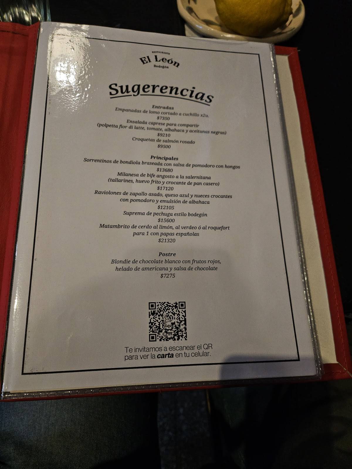 Menu at El León restaurant, Rosario, Leandro N. Alem 2291