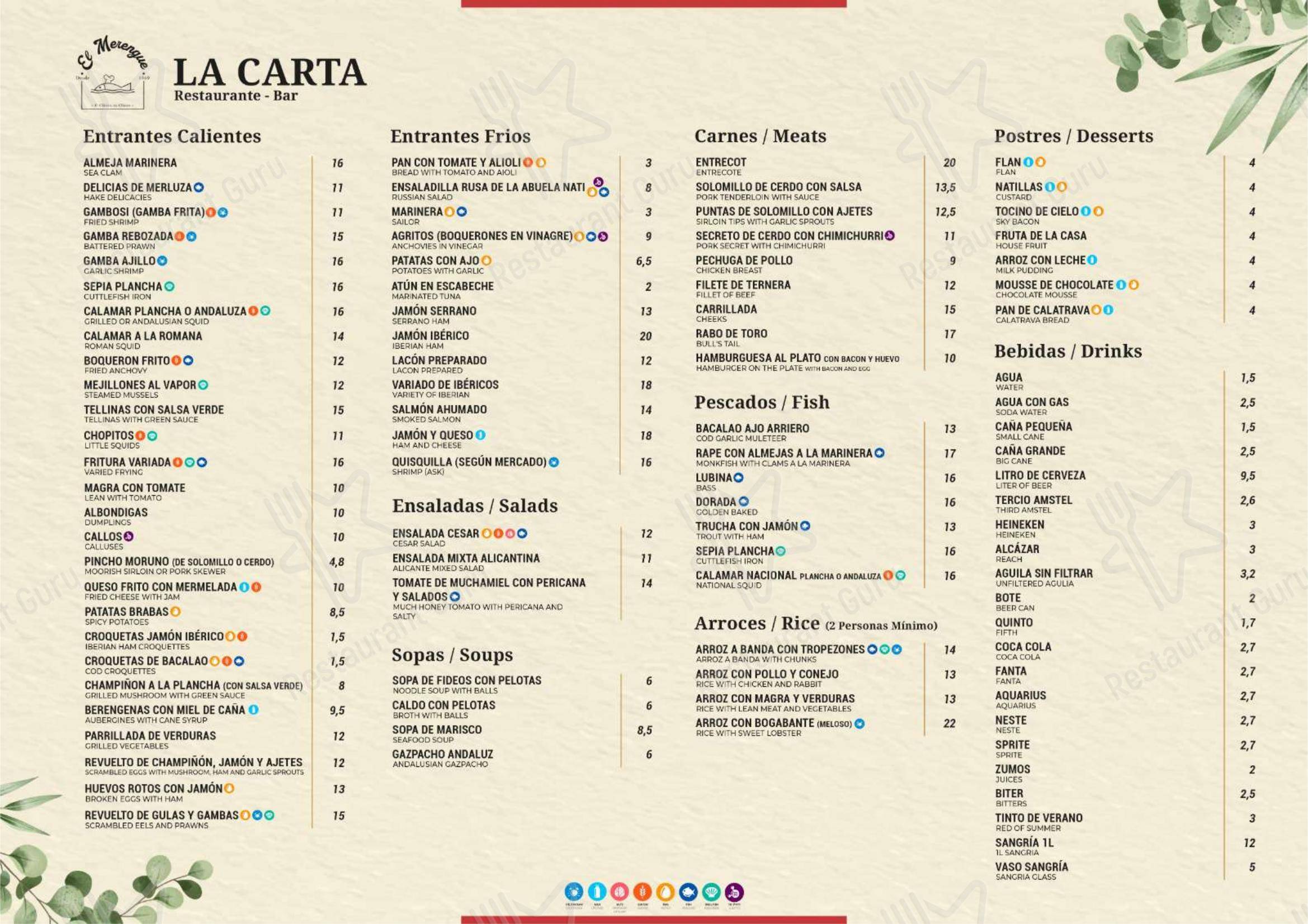 Carta del pub y bar Cerveceria el merengue, Alicante