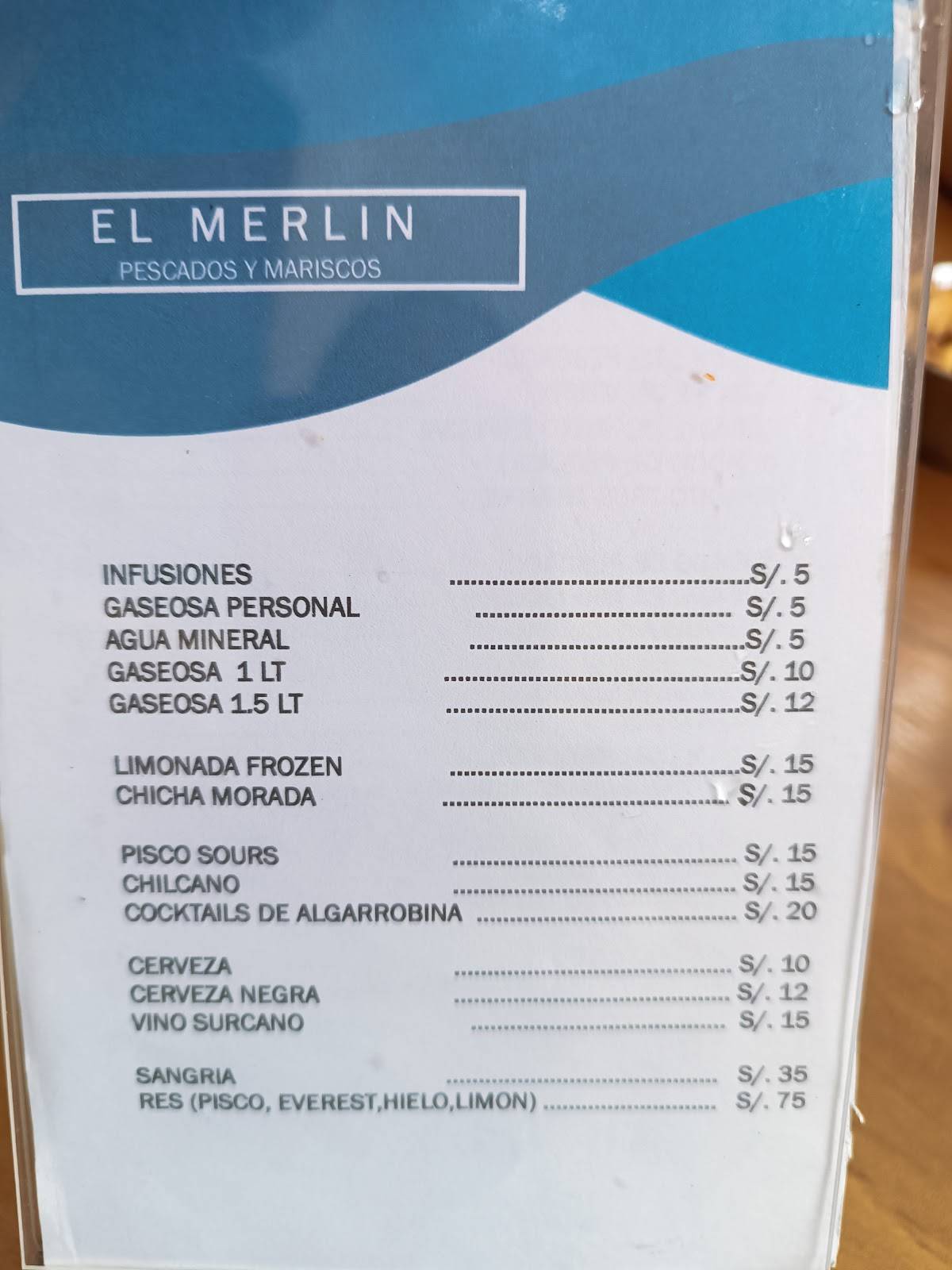 Menu at El Merlín restaurant, Santiago de Surco
