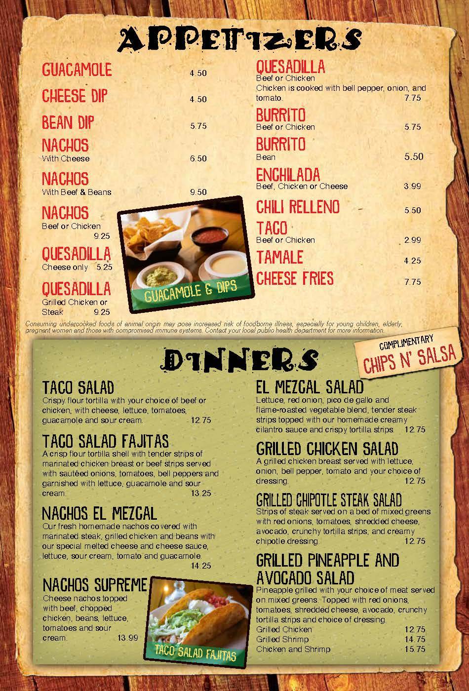 Menu at El Mezcal restaurant, Marshfield