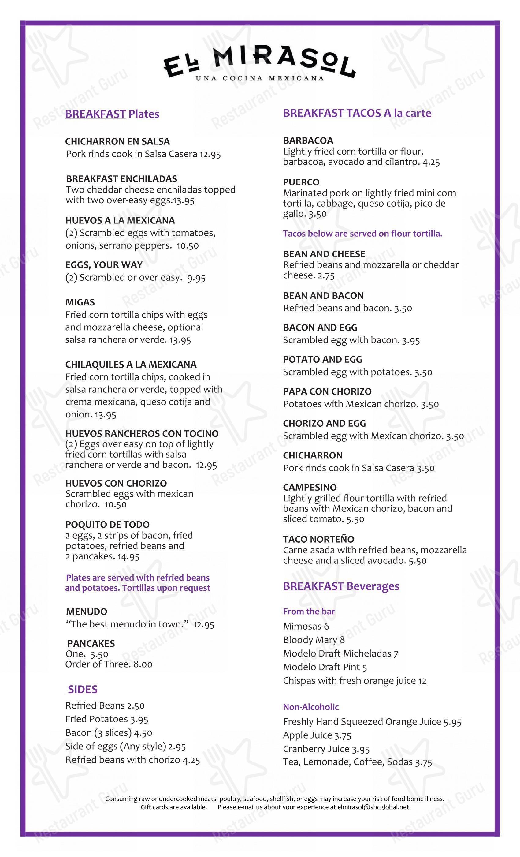 Menu at El Mirasol restaurant, San Antonio, NW Military Hwy #2107