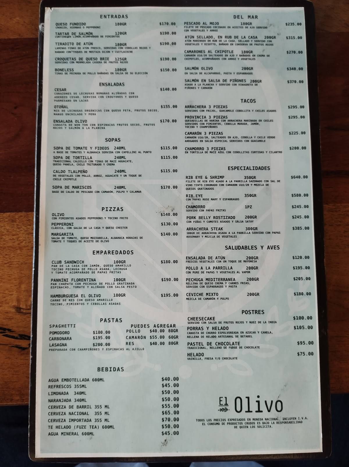 Menu at El Olivo Restaurante, Hermosillo