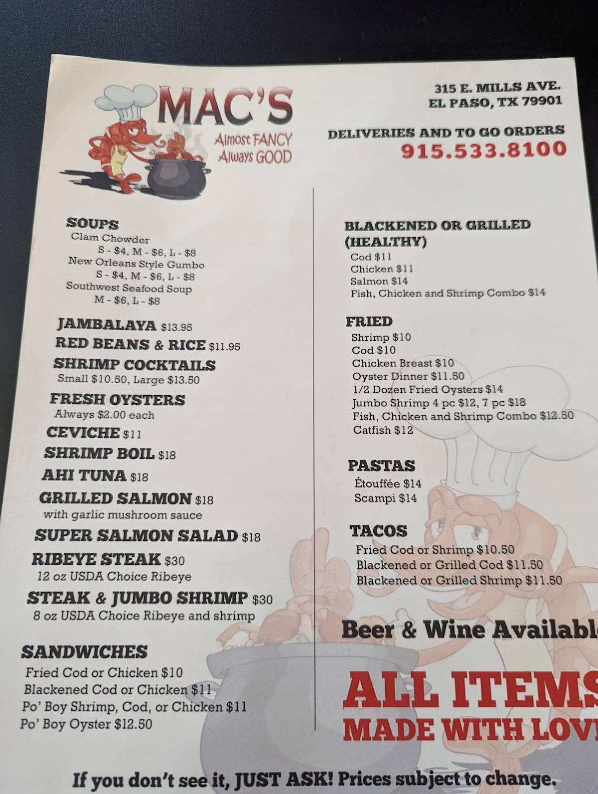 Menu at Mac's Downtown restaurant, El Paso, 315 E Mills Ave