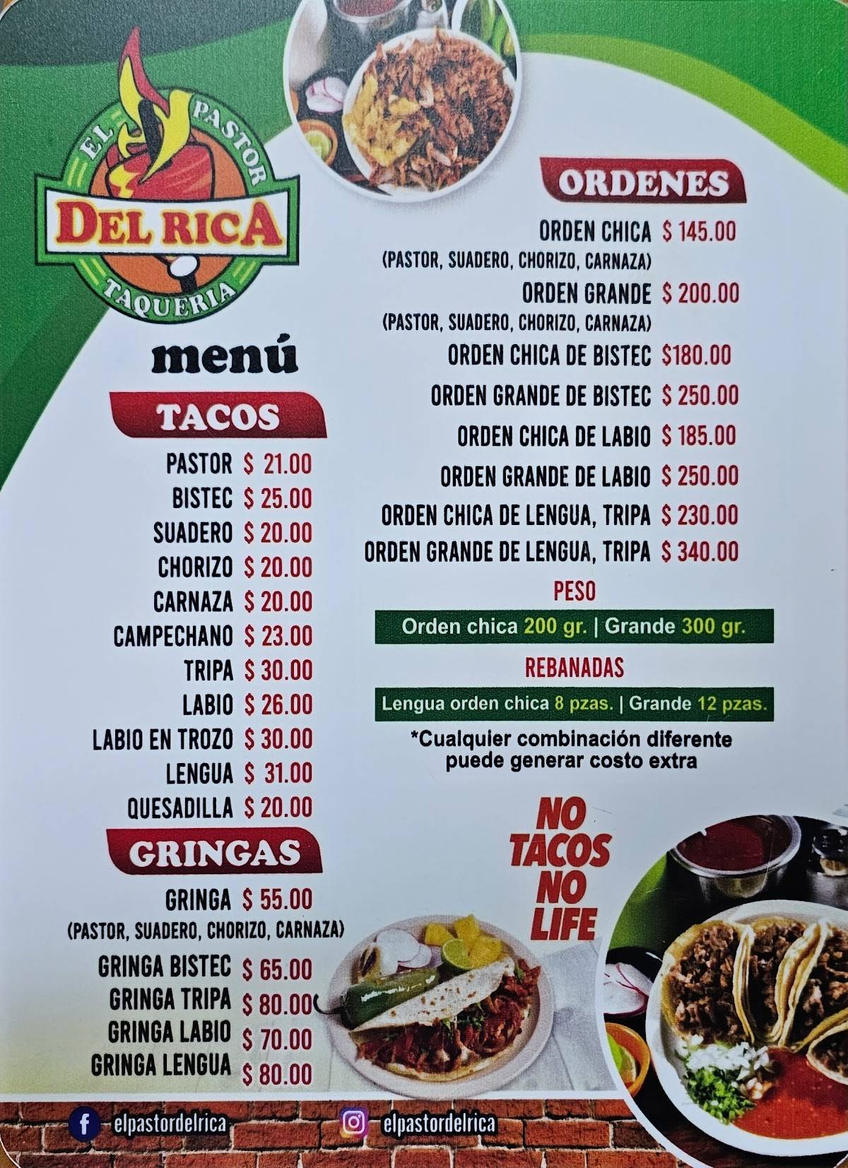 Carta del restaurante El Pastor del Rica, Zapopan