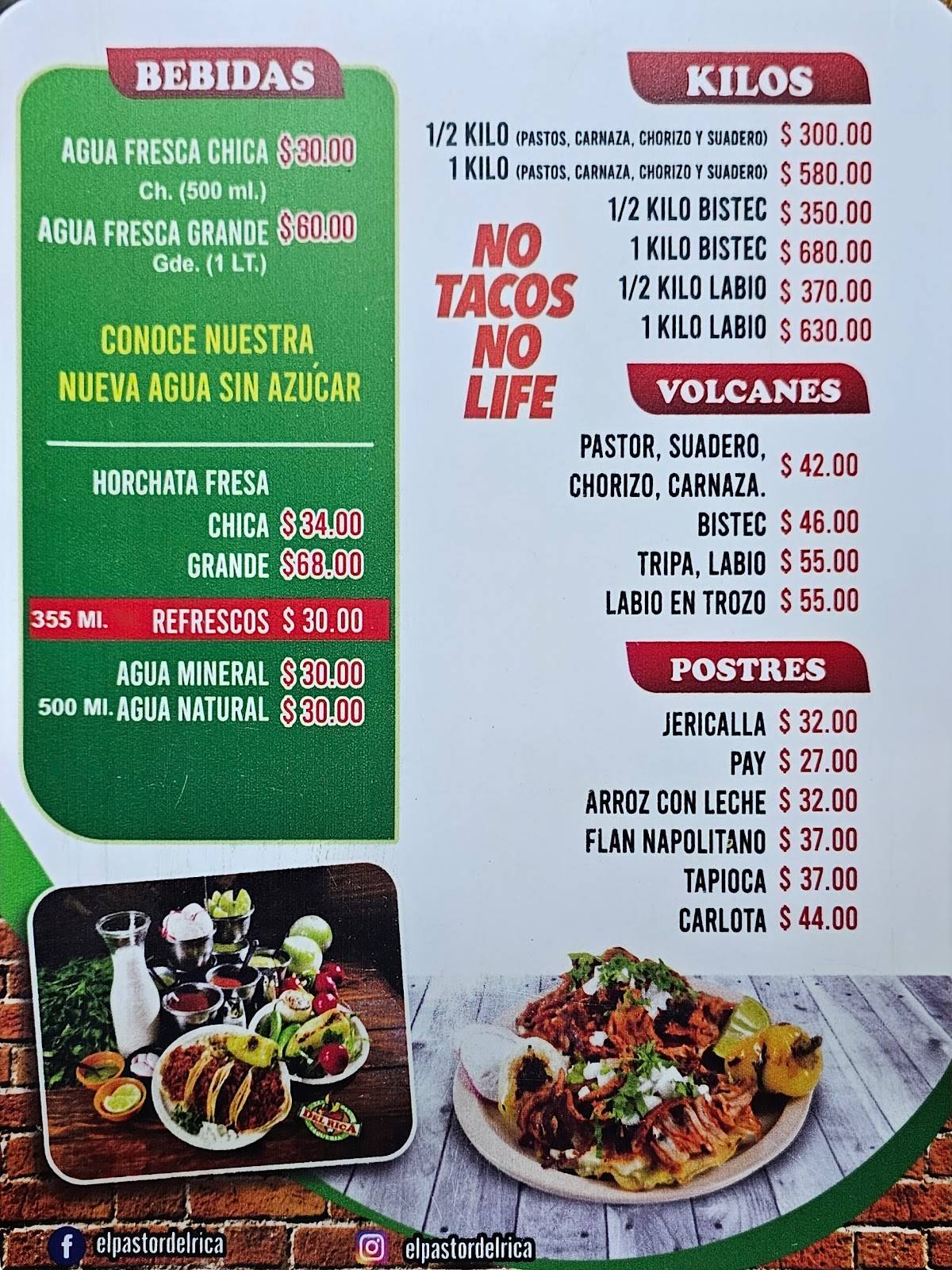 Carta del restaurante El Pastor del Rica, Zapopan