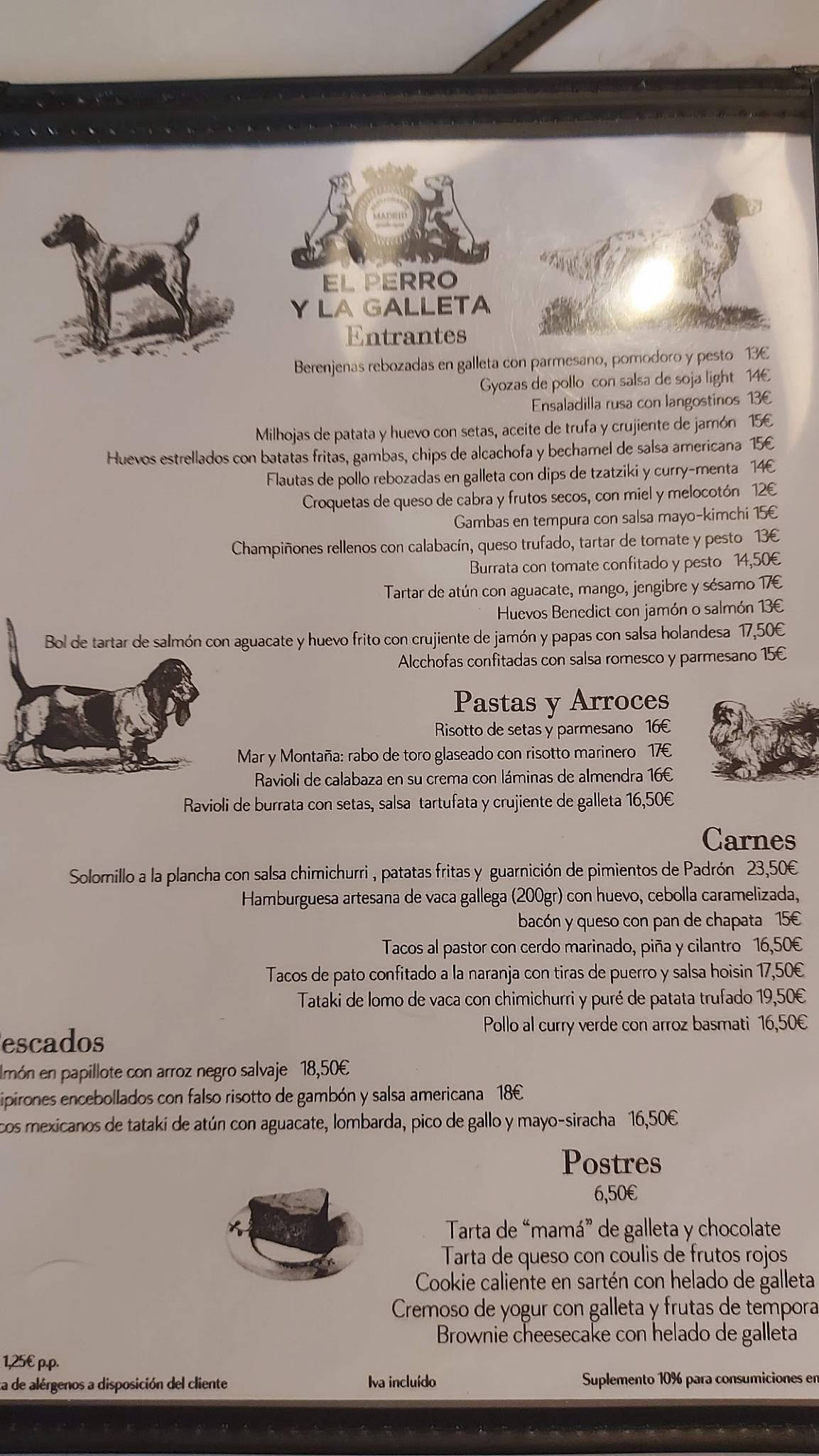 Carta del restaurante El Perro y la Galleta Juan Bravo, Madrid