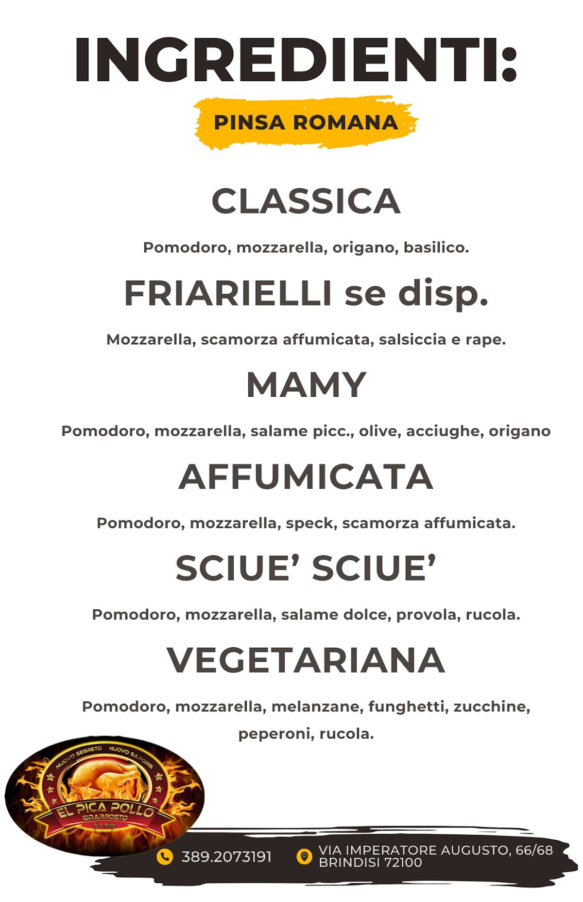 Menu au El Pica Pollo Girarrosto restaurant, Brindisi