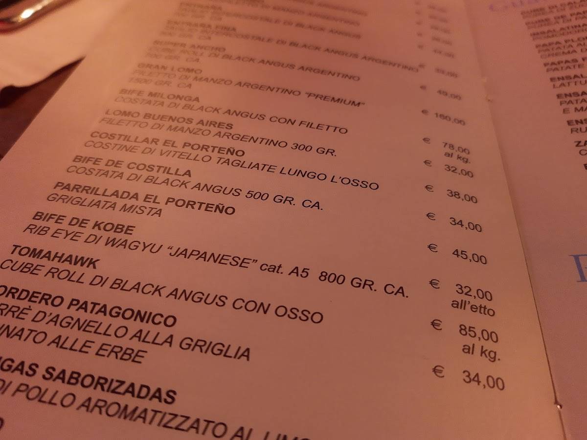 Speisekarte von El Porteño Prohibido restaurant, Mailand
