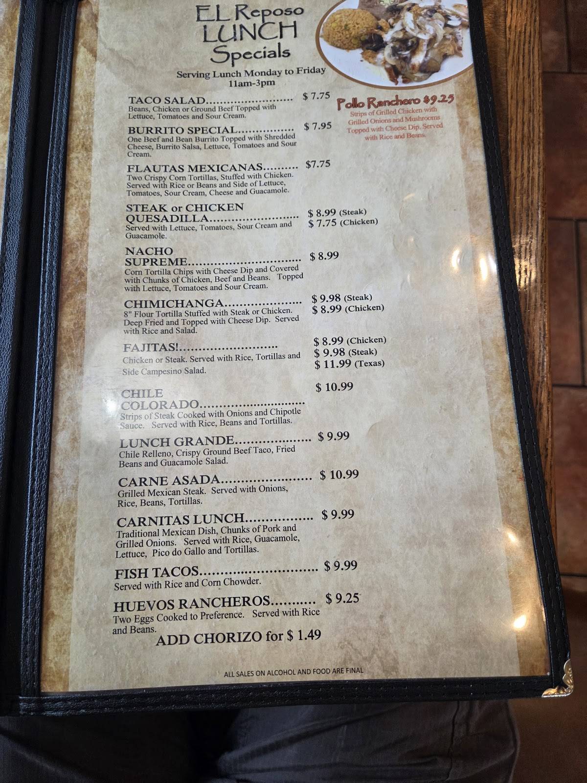 Menu at El Reposo restaurant, Fayetteville, GA-54
