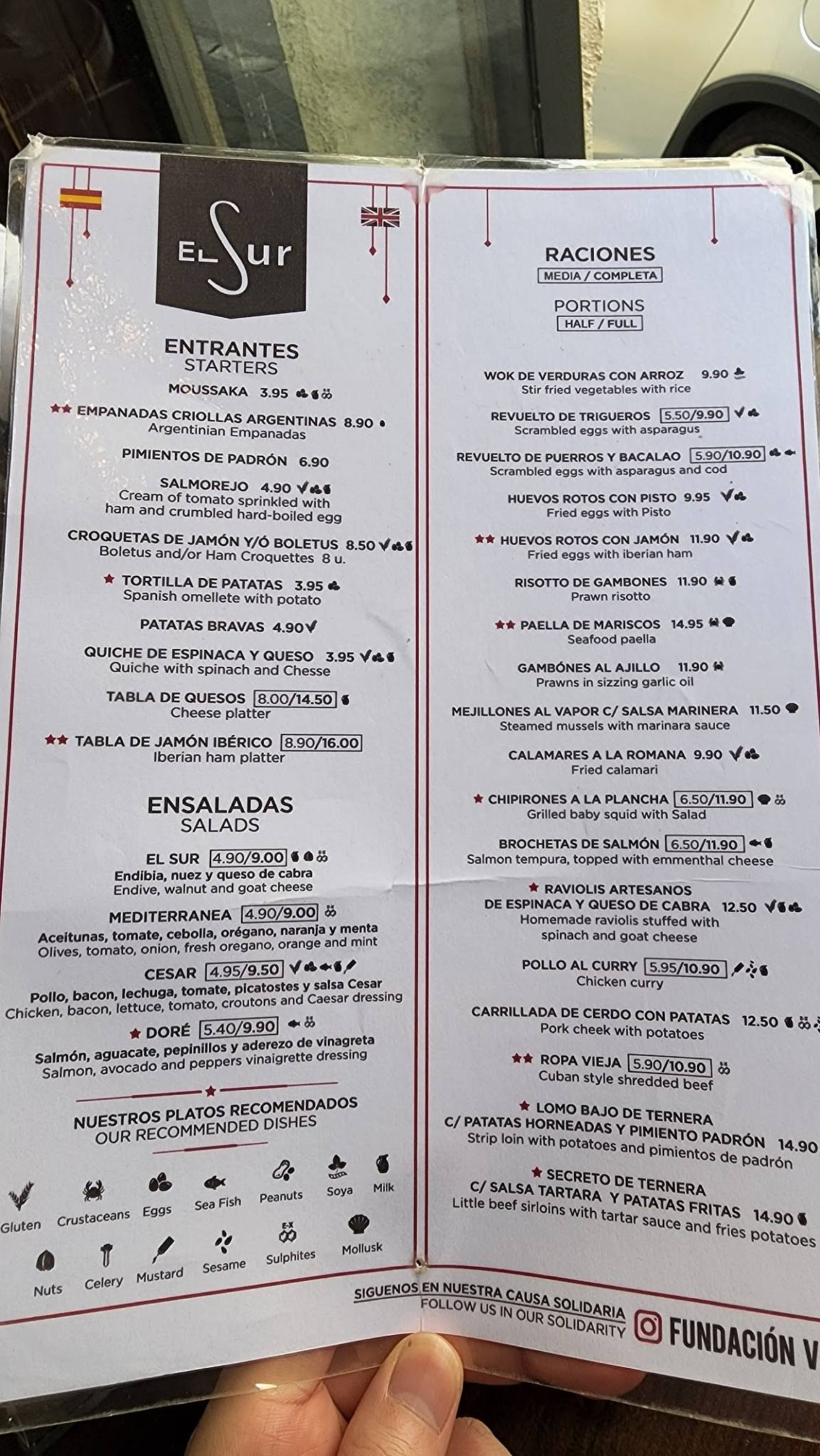 Menu at Taberna El Sur pub & bar, Madrid