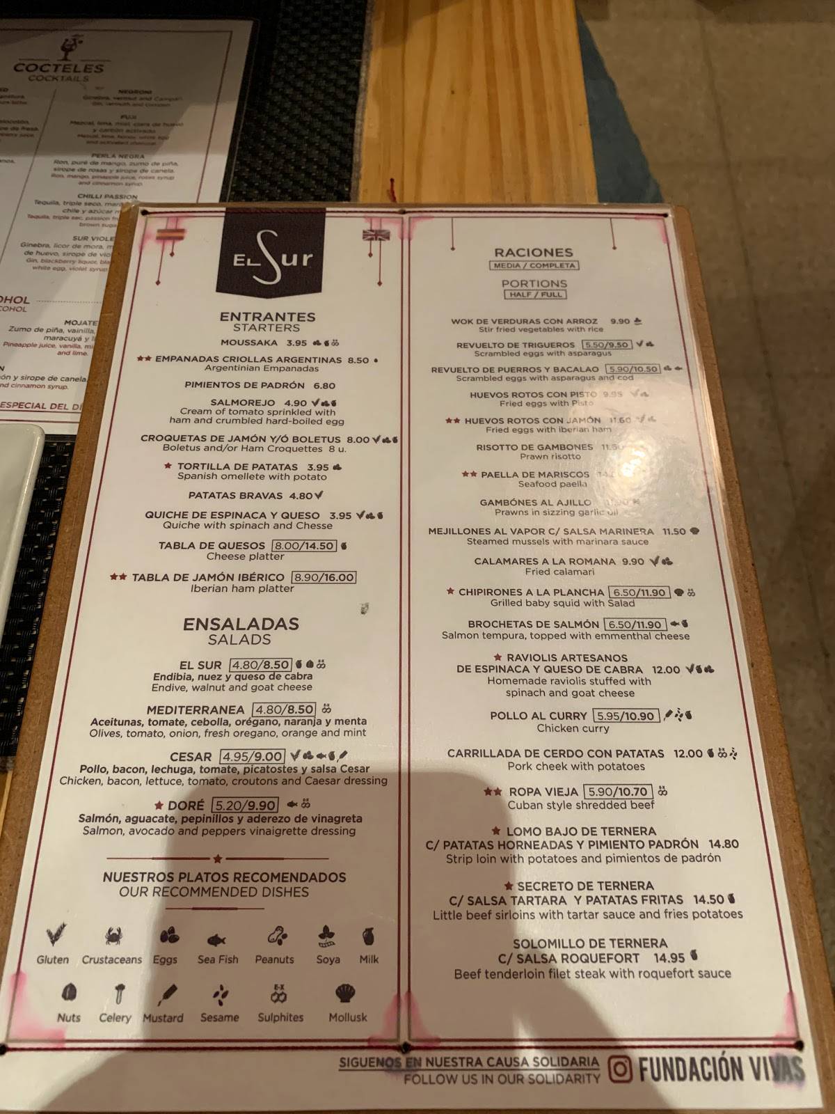 Menu at Taberna El Sur pub & bar, Madrid