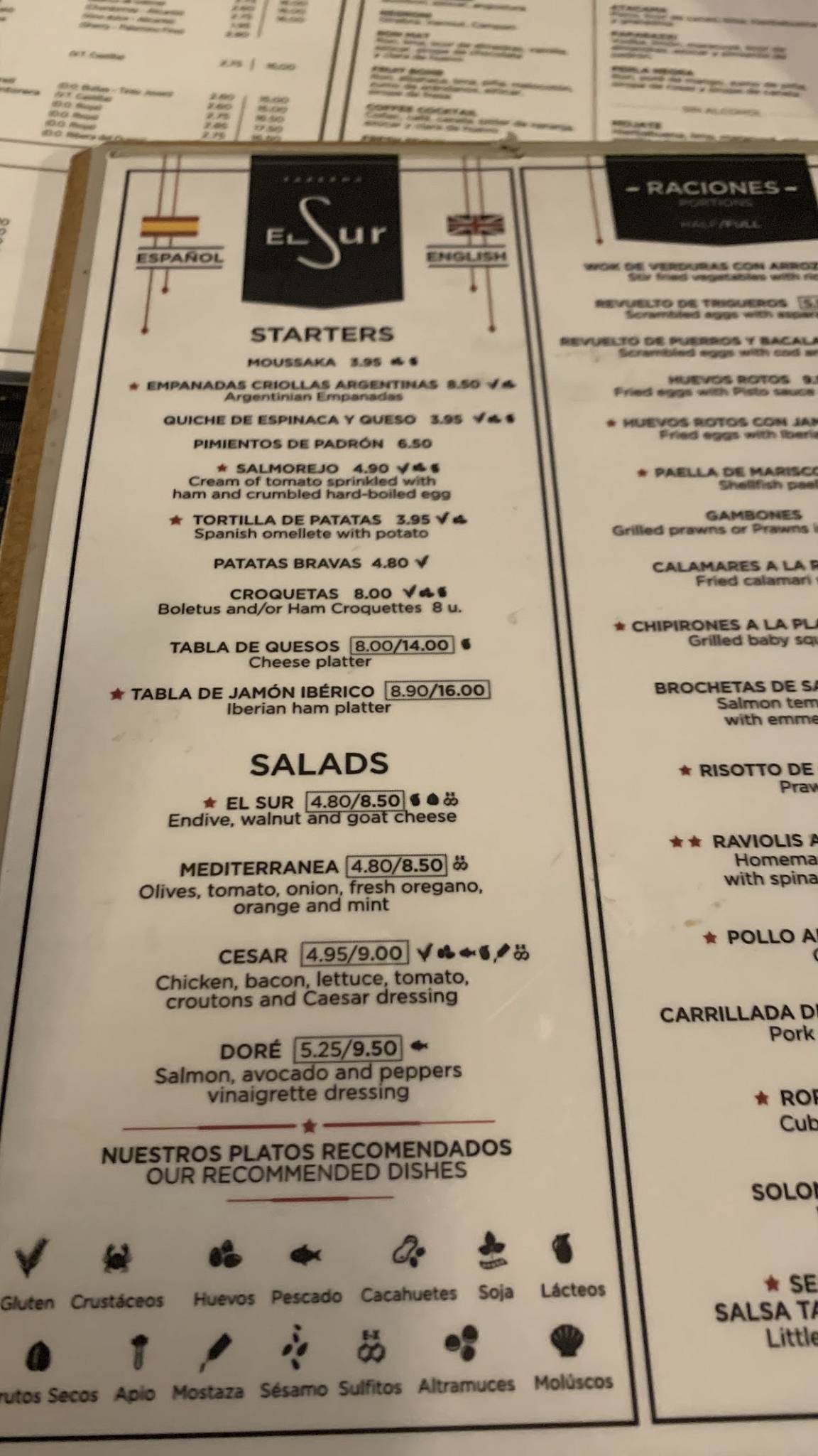 Menu at Taberna El Sur pub & bar, Madrid