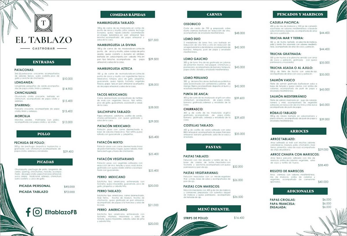 Carta del restaurante El Tablazo, Ibagué, Cl. 10a #3-09