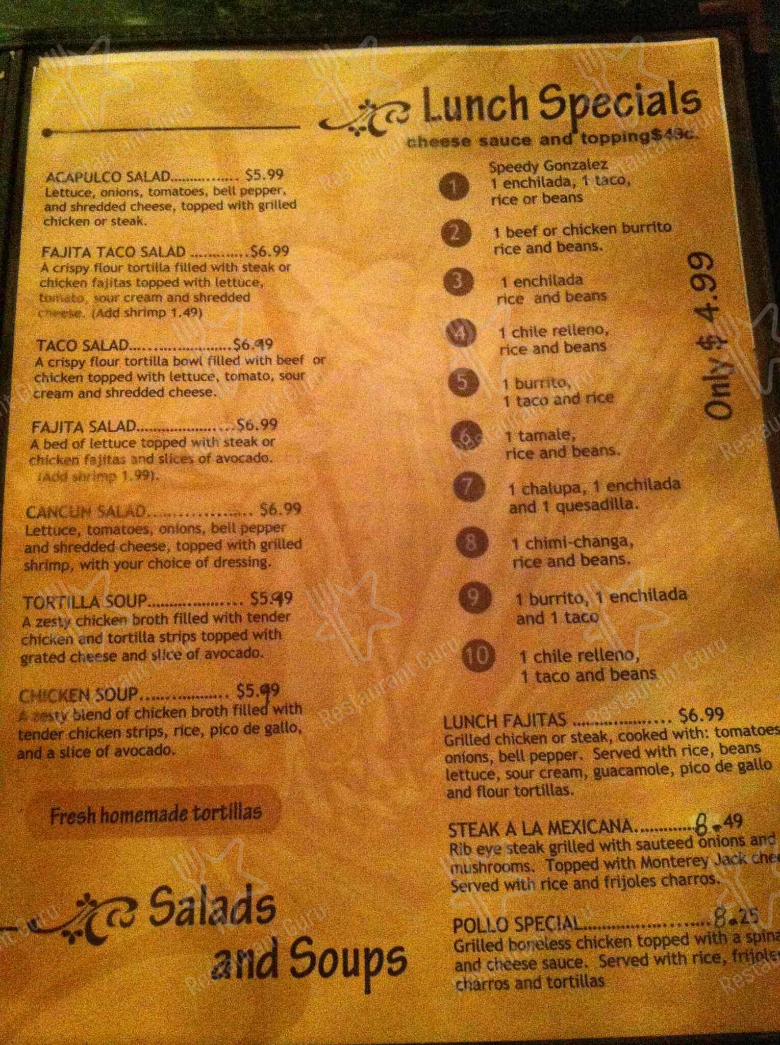 Menu at El Tequila restaurant, Milledgeville, 168 Garrett Way