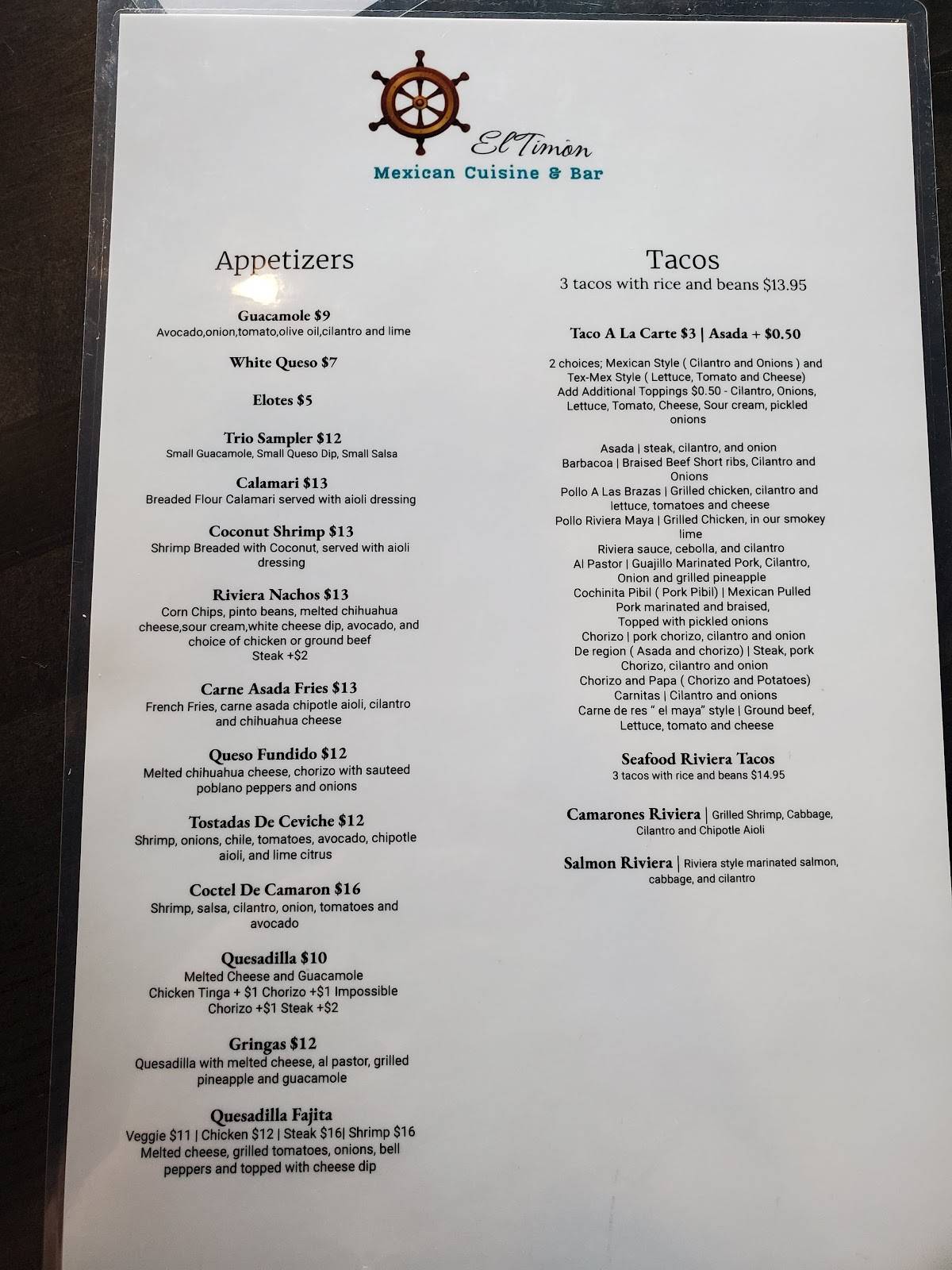Carta de El Timon Mexican Cuisine & Bar, Merrillville