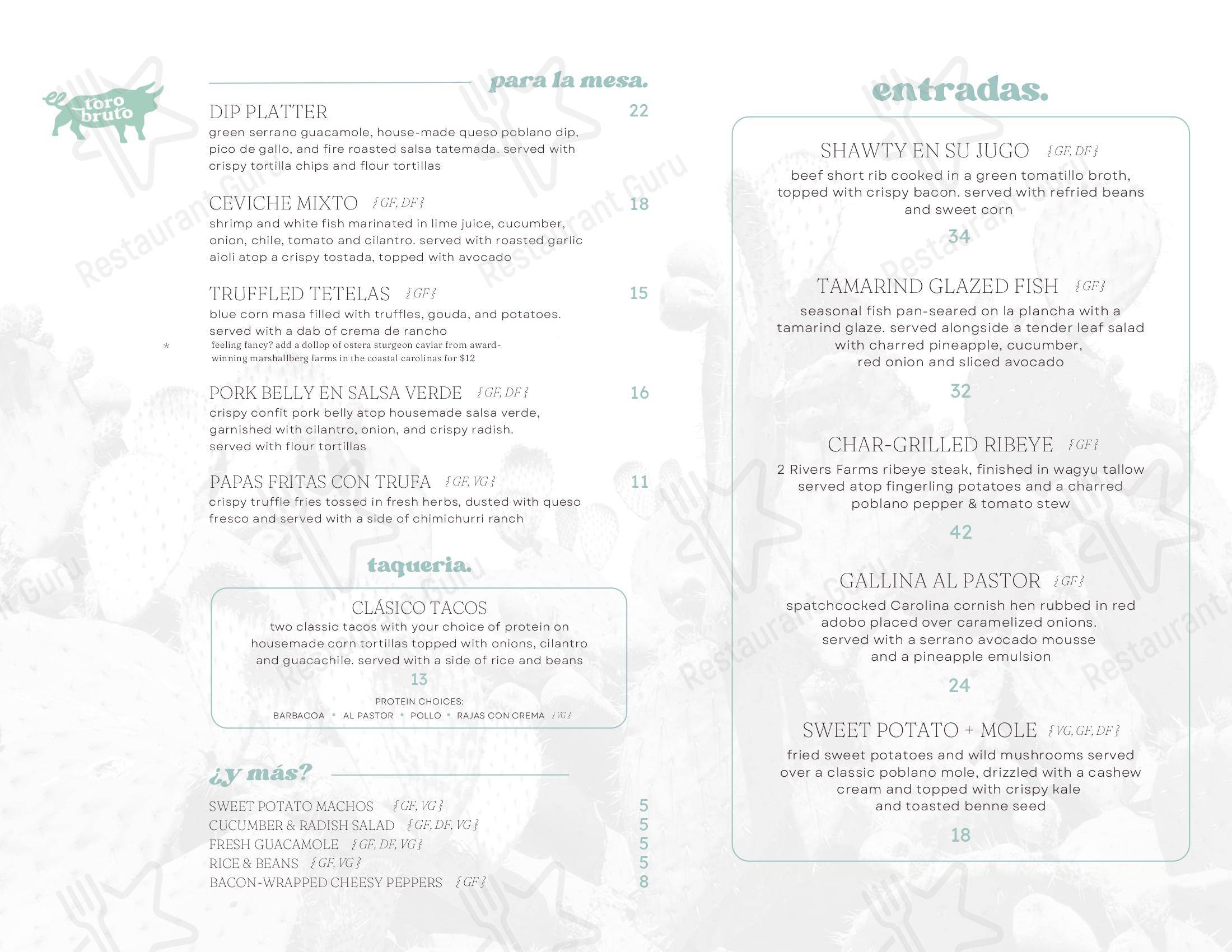 Carta del restaurante El Toro Bruto, Charlotte