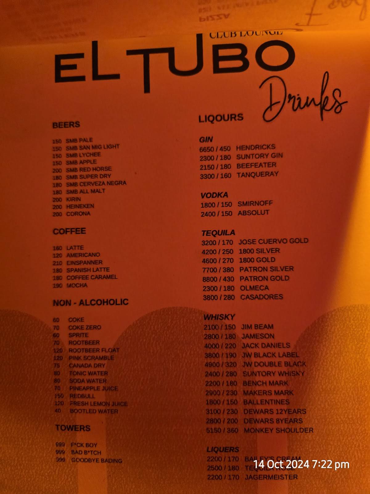 Menu at El Tubo Kitchen + Bar, San Juan
