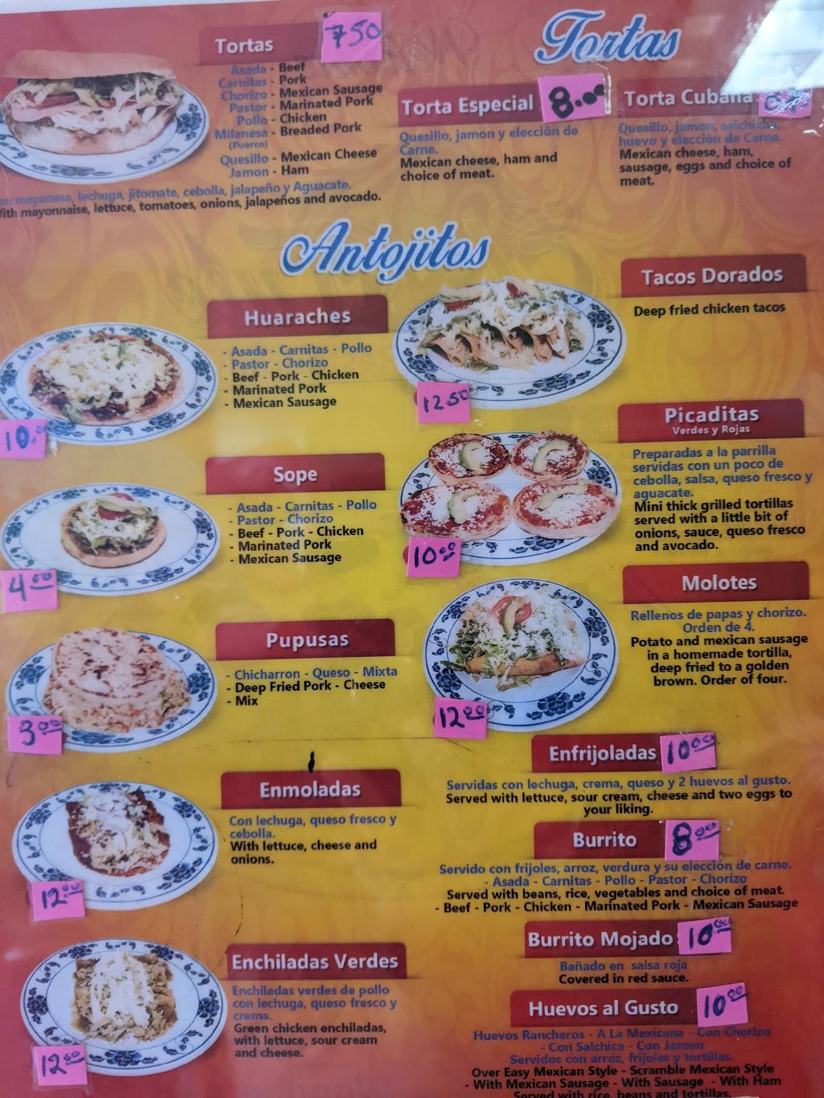 Menu at El Tule Taqueria restaurant, Woodburn