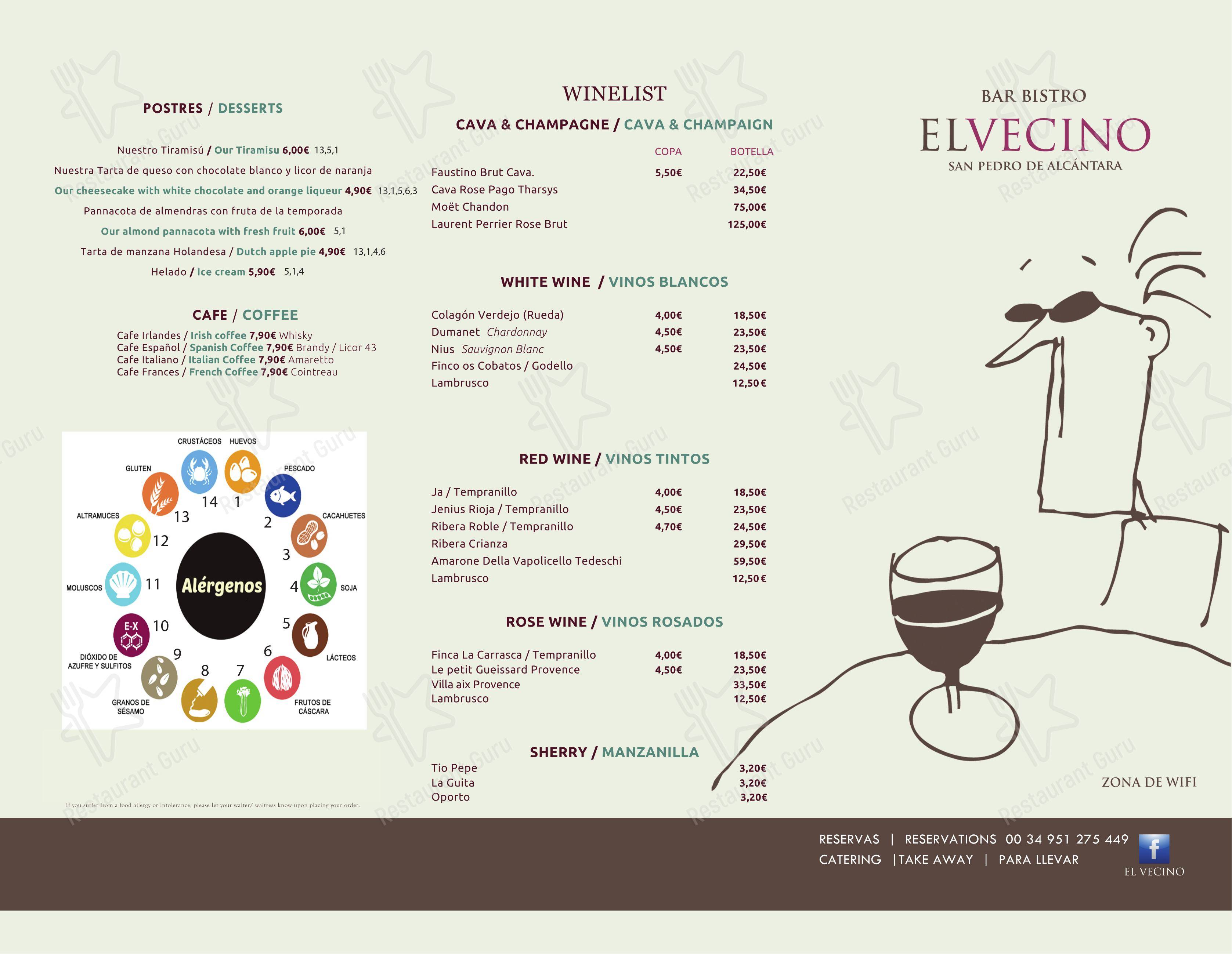 Menu at El Vecino restaurant, San Pedro de Alcántara