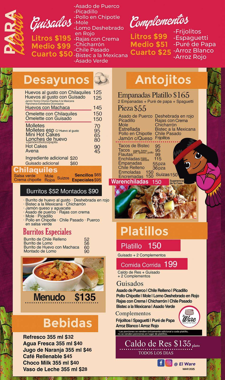 Carta del restaurante El Ware, Chihuahua